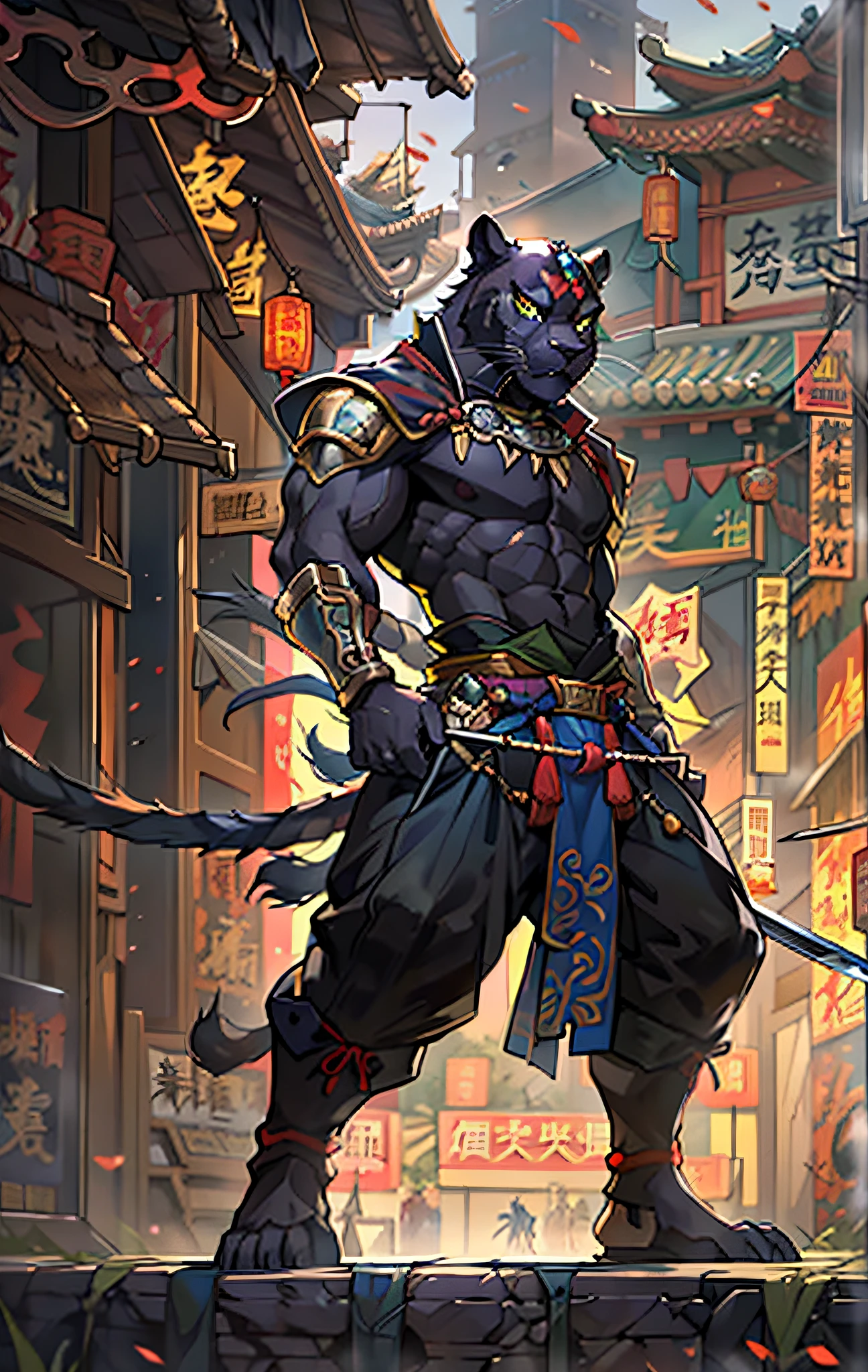 Panther Warrior, Full body like，Close-up of Panther warrior holding a ...
