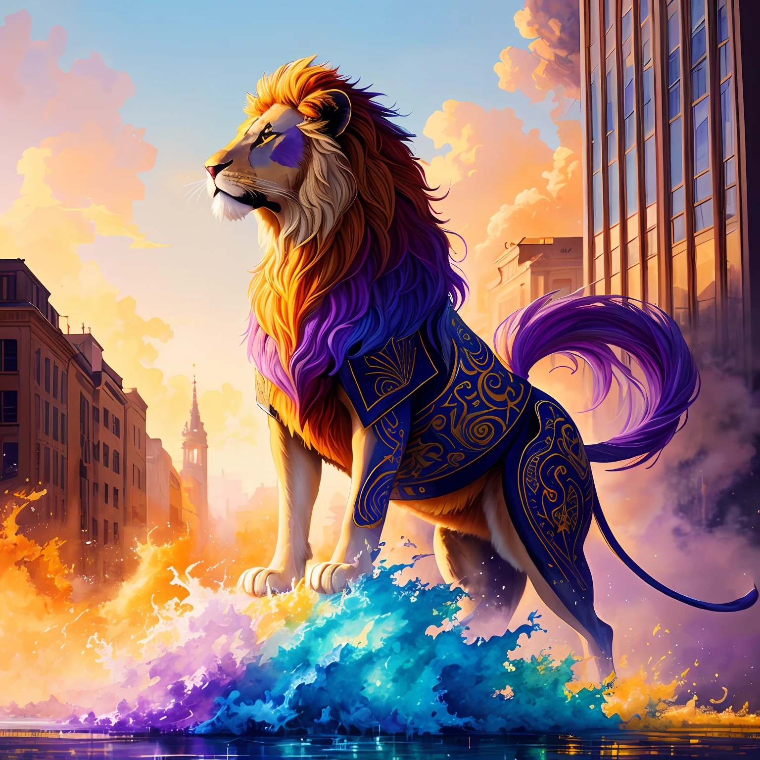 A close up of a lion on a wave of water - SeaArt AI