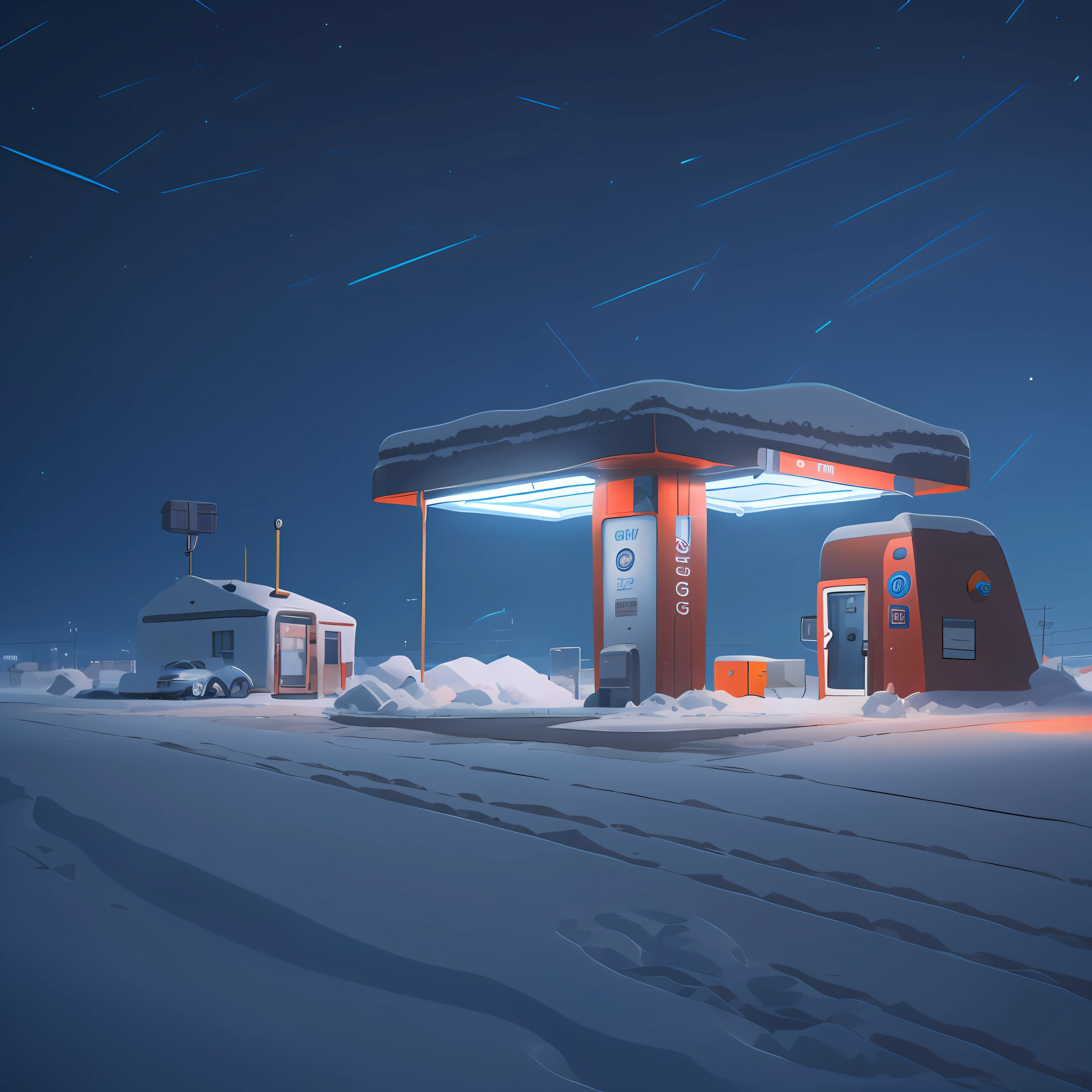 Snowy gas station with cars parked in front of it at night - SeaArt AI