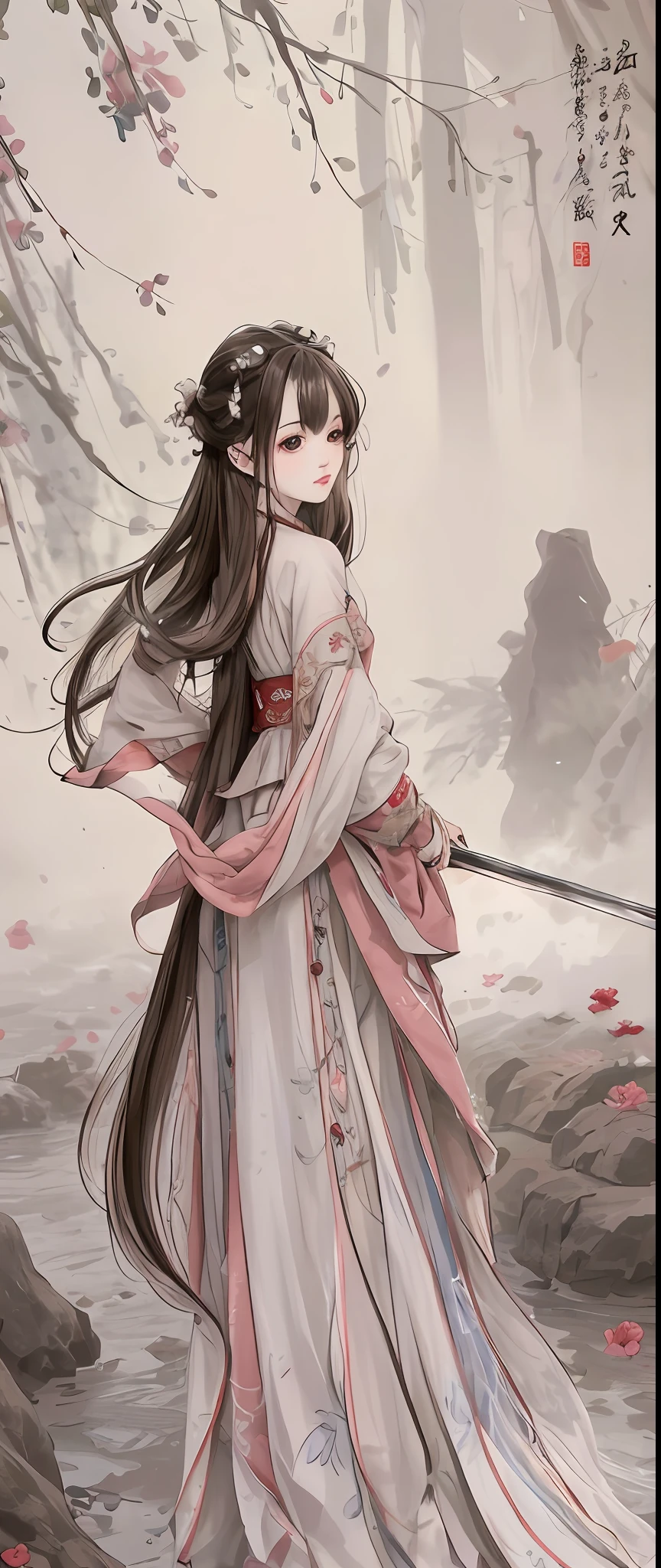 A woman in a white dress holding a sword in a forest - SeaArt AI