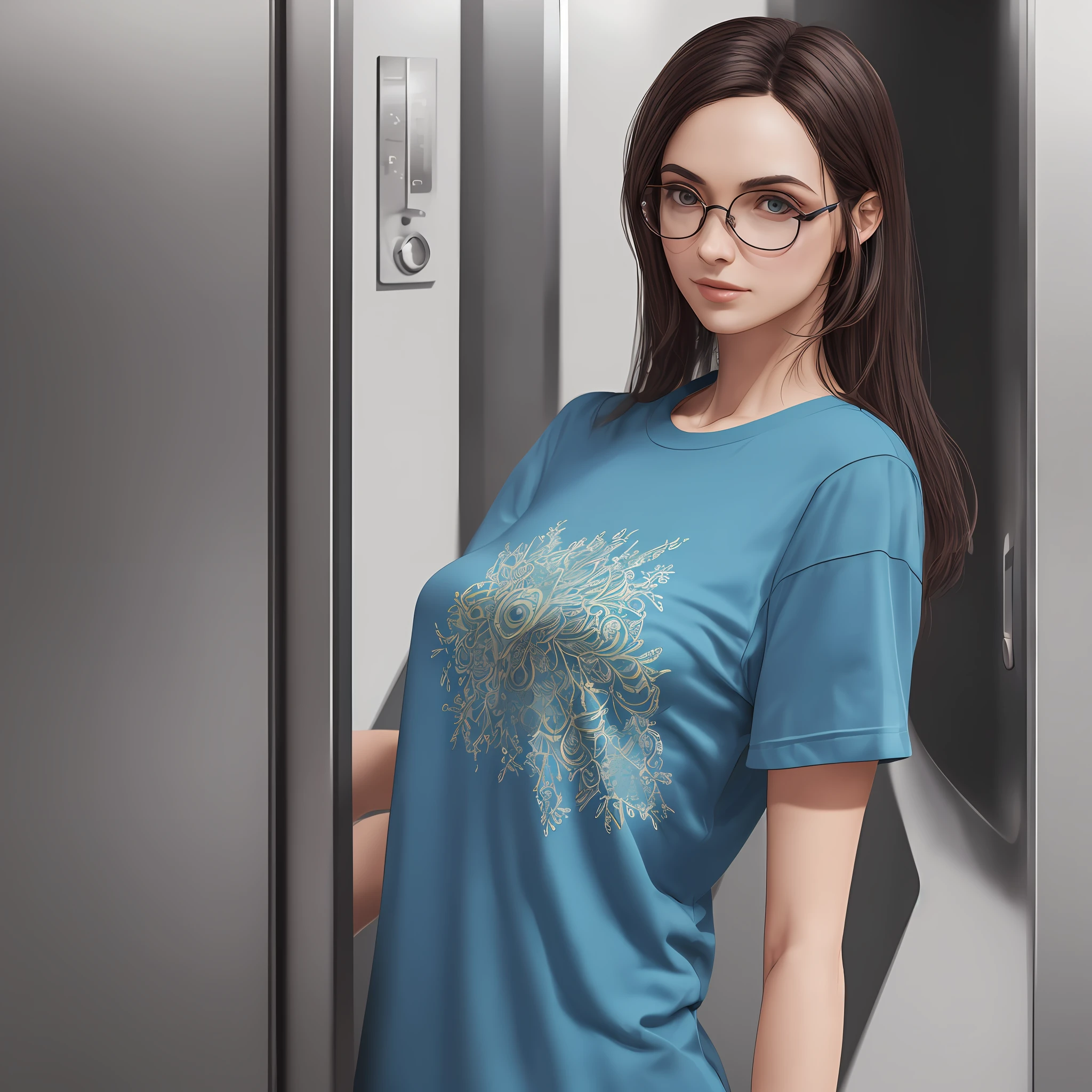 S097の写真_ダイアナバビナ, 魅力的な女性, で (エレベーター), 着ている (Tシャツ:1.1), 眼鏡 - SeaArt AI