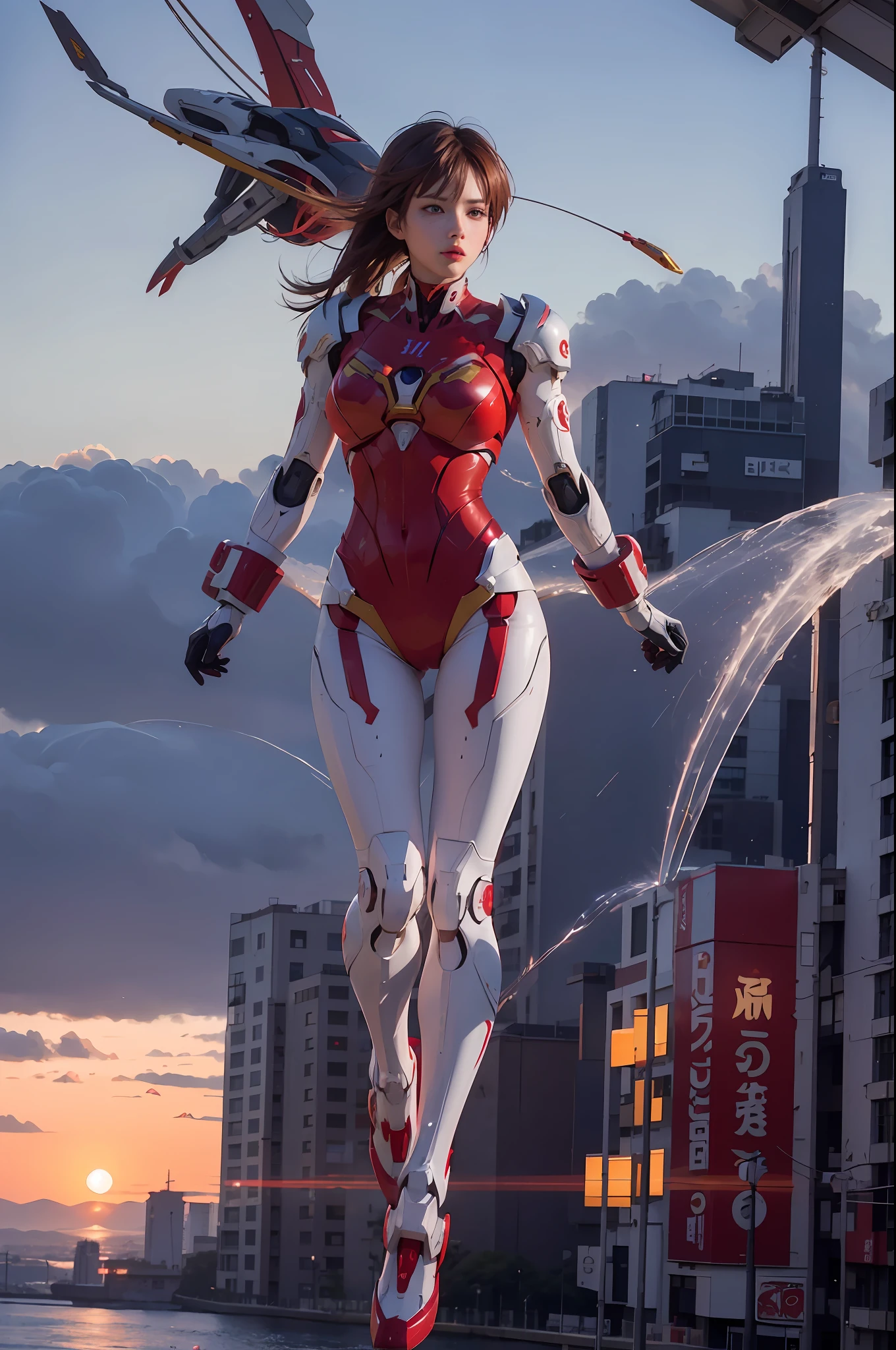 Arafed woman in a red and white suit is flying over a city - SeaArt AI