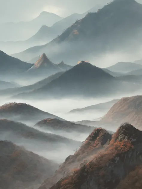 Una serena pintura de paisaje chino de majestuosas montañas y ríos ...