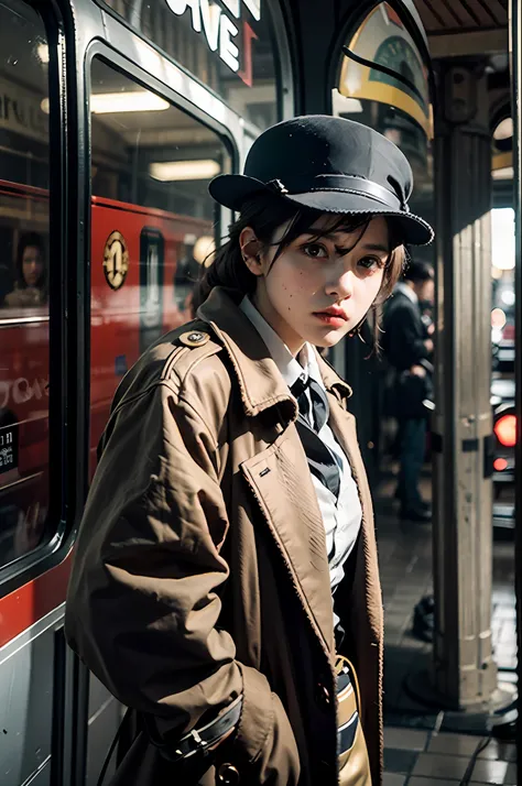 Description: In the 20th century bustling train station in 1938 era, amidst the shadows of war ...