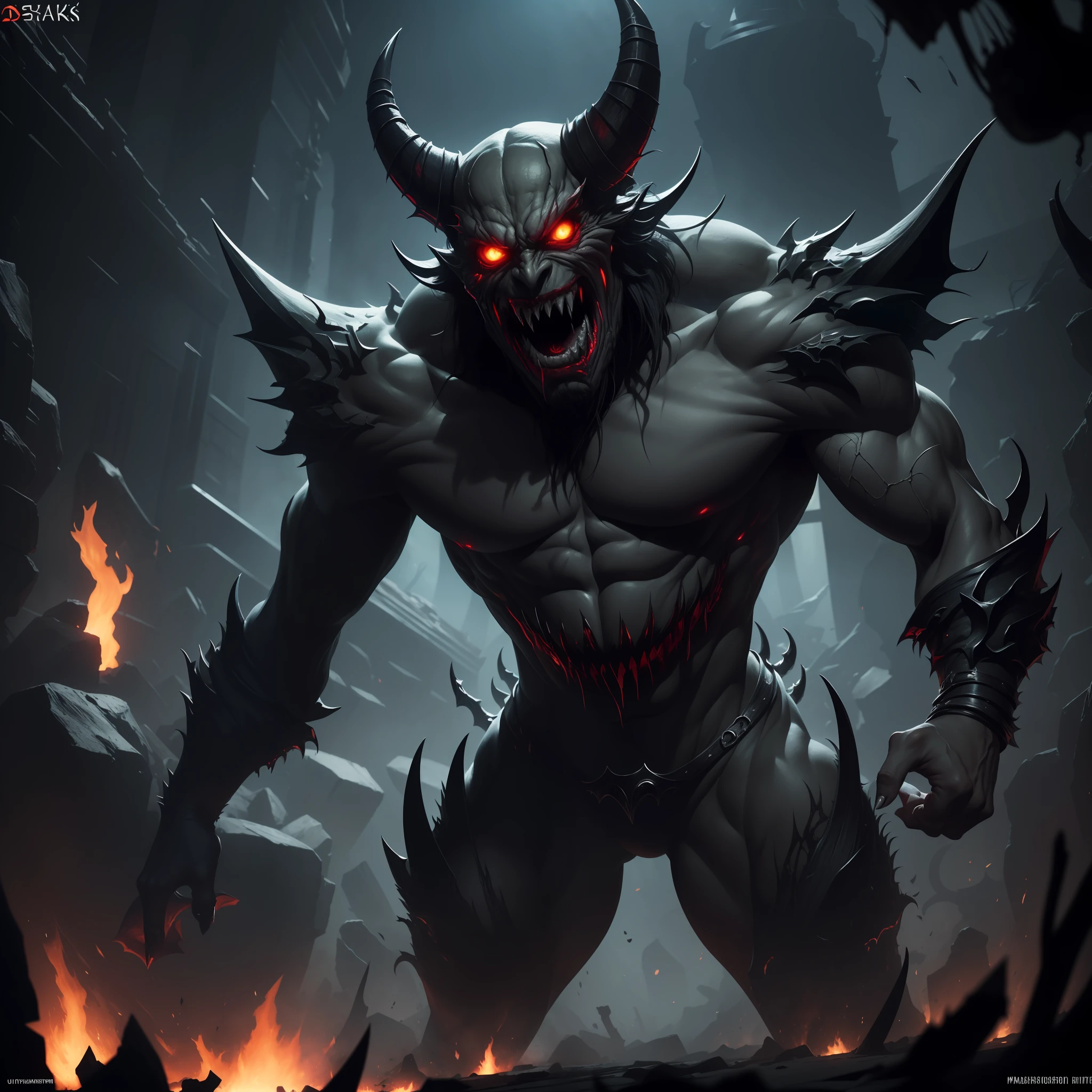 A demonic demon with red eyes and horns standing in a cave - SeaArt AI