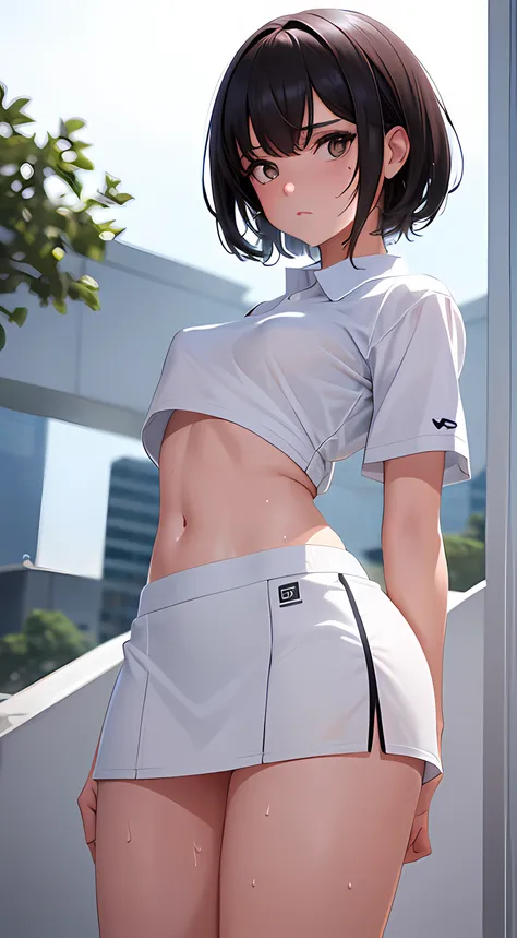 1girl, solo, white polo shirt, white sneakers, tennis wear - SeaArt AI