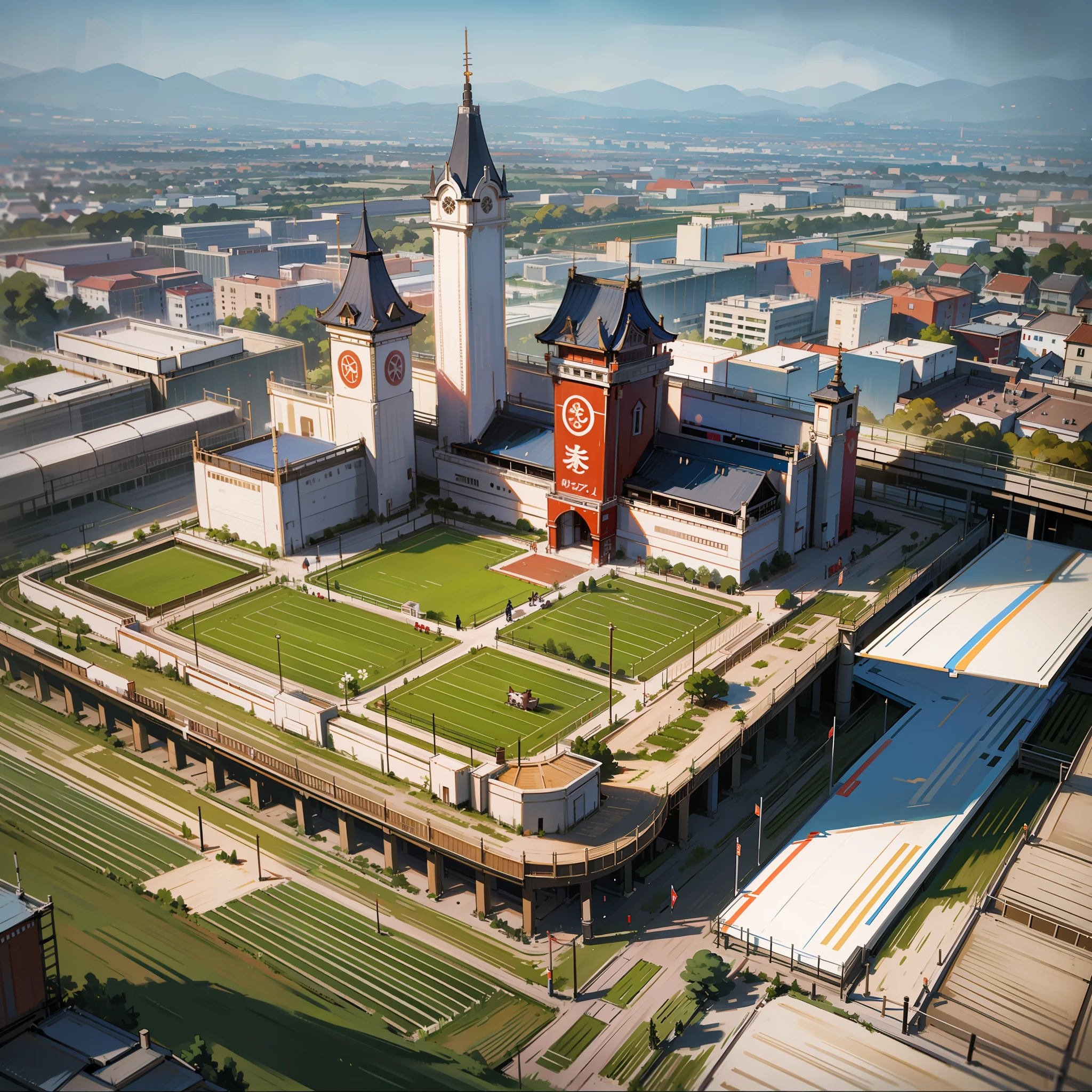 Aerial view of a large building with a clock tower and a green lawn - SeaArt AI