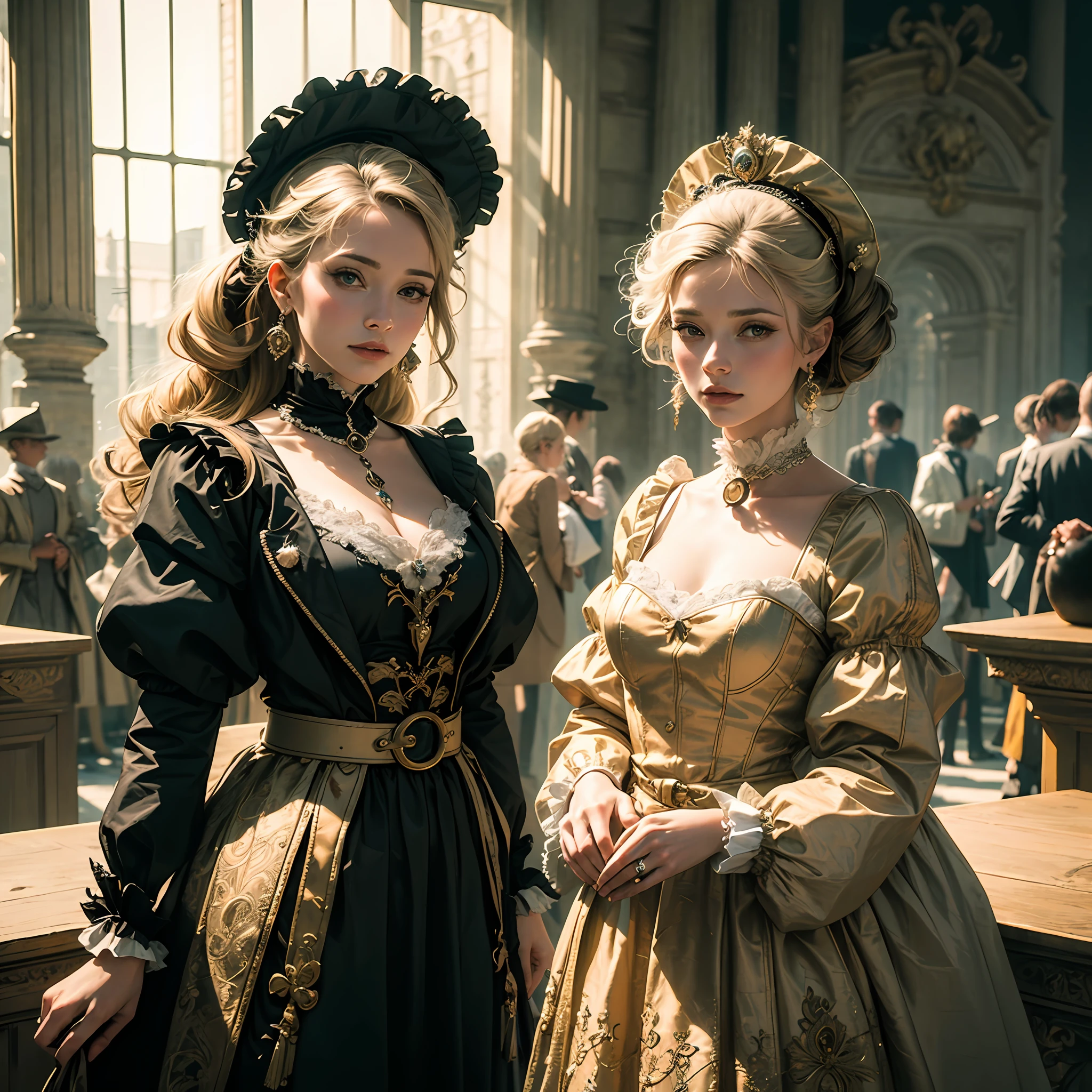 Two women in period dress standing next to each other - SeaArt AI