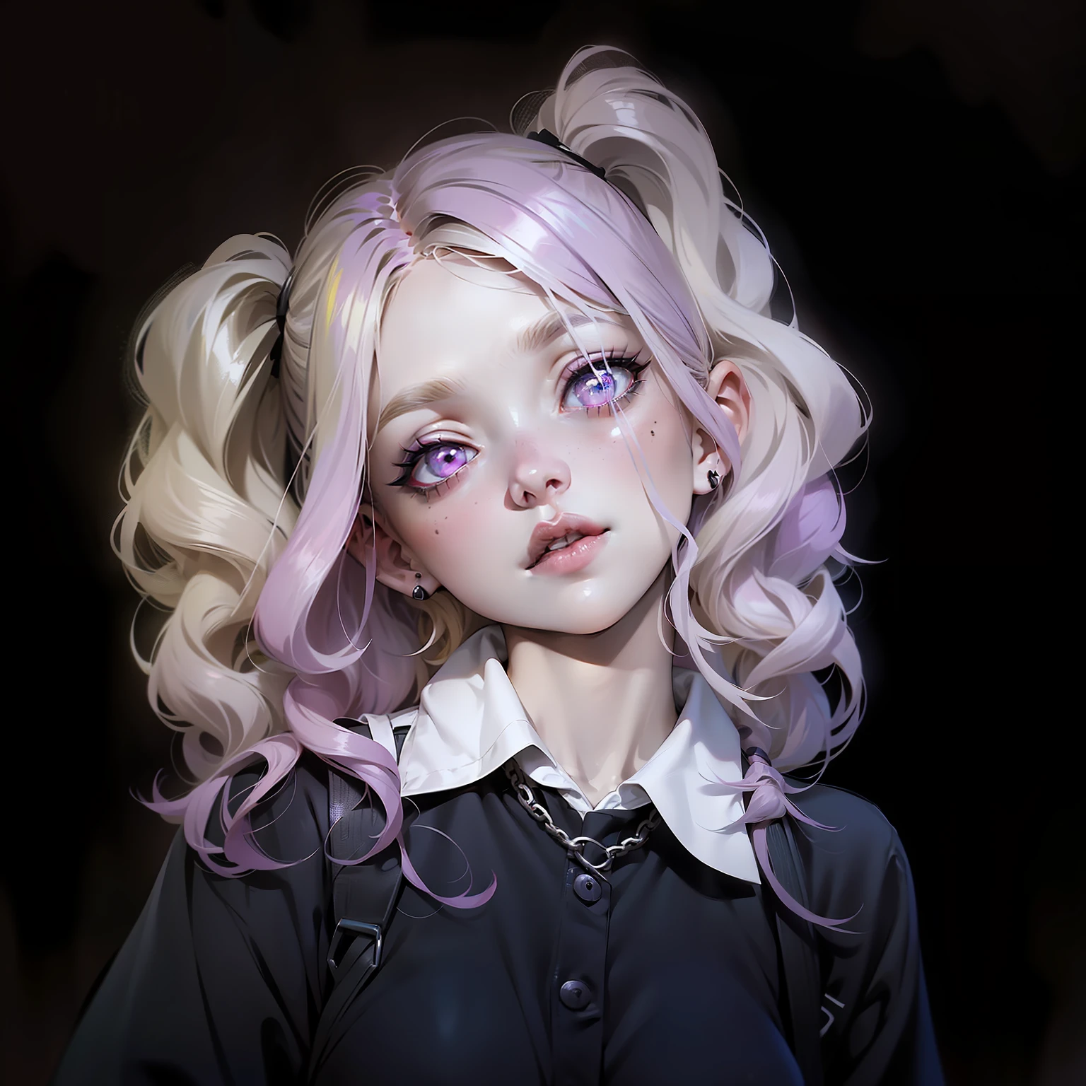 um close de uma pessoa com cabelo rosa e camisa preta, gótico pastel ...