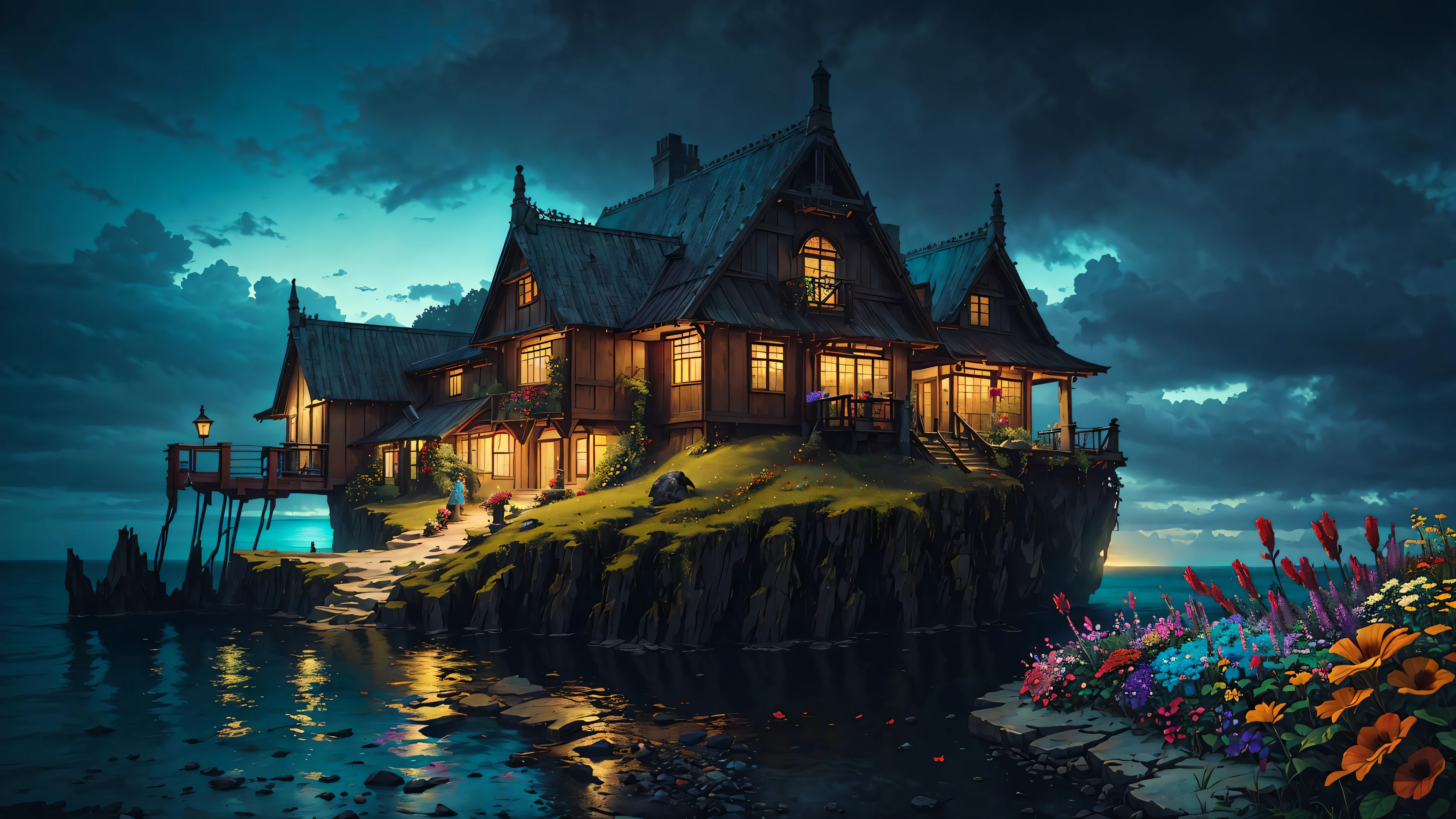 artist's house in ocean, epic super sky, lots of light, incredible details, absurd colors ...