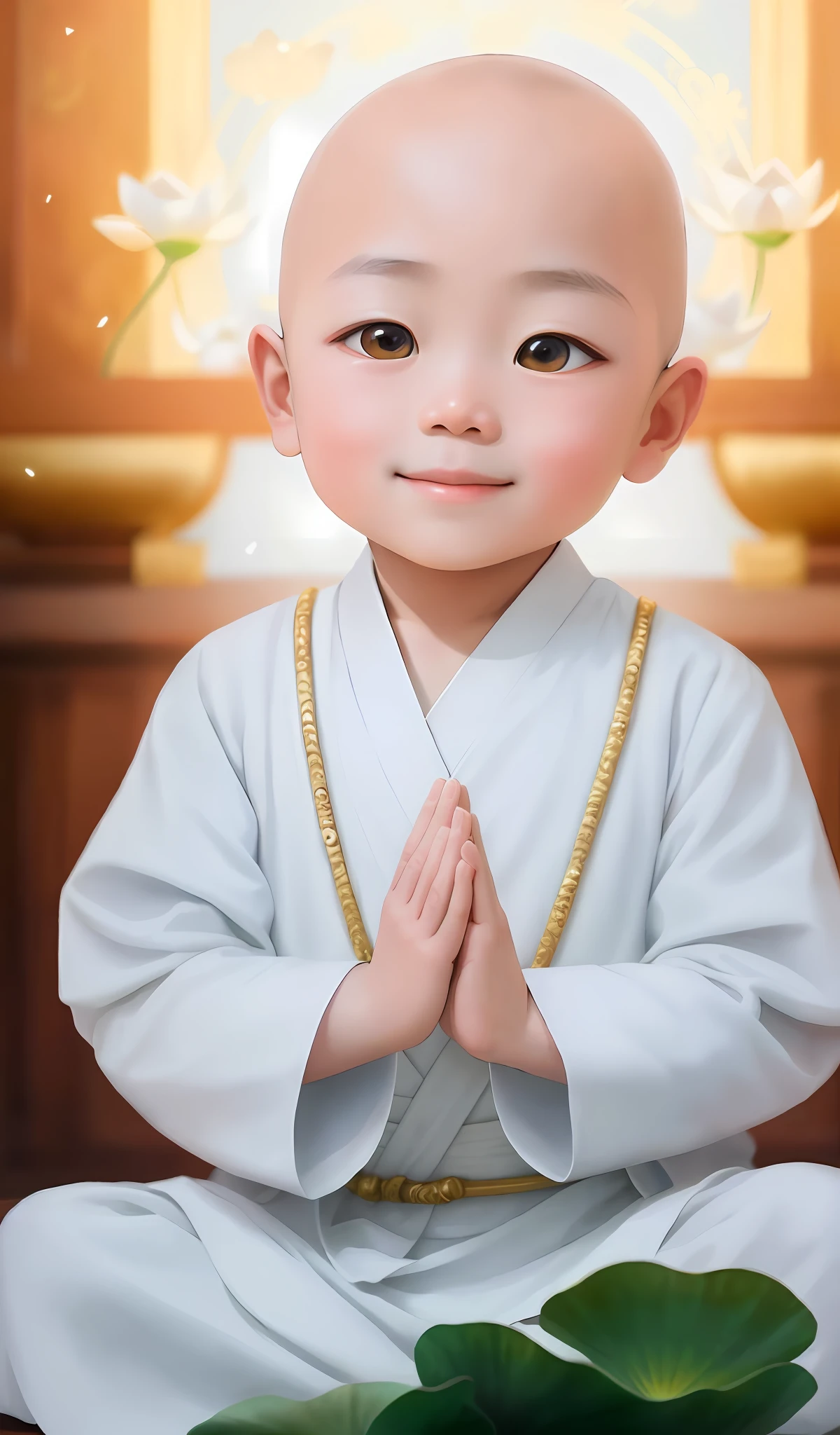 A close up of a child in a white robe sitting on a table - SeaArt AI