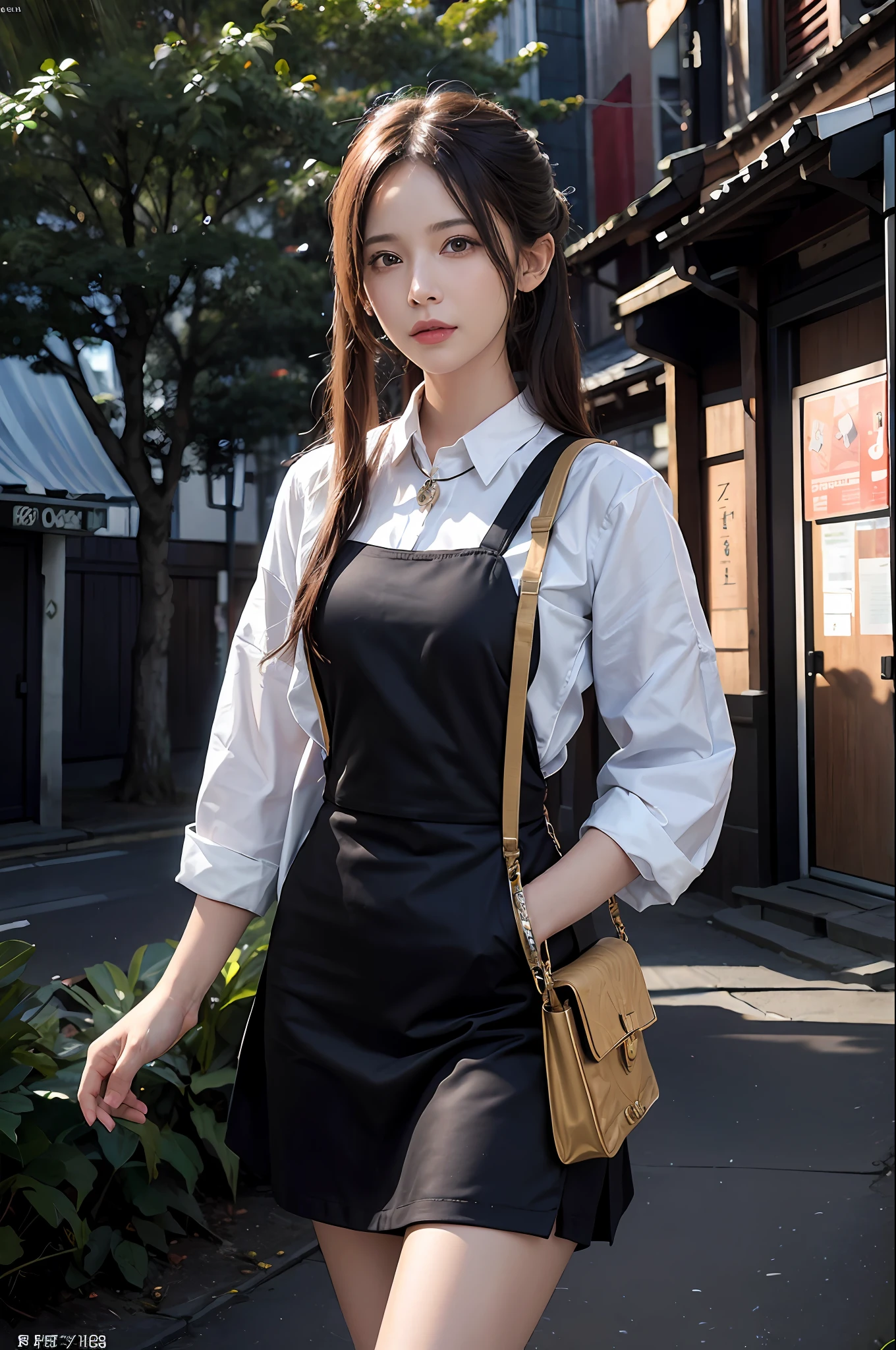 Araffe asian woman in a black dress and white shirt walking down a street - SeaArt AI