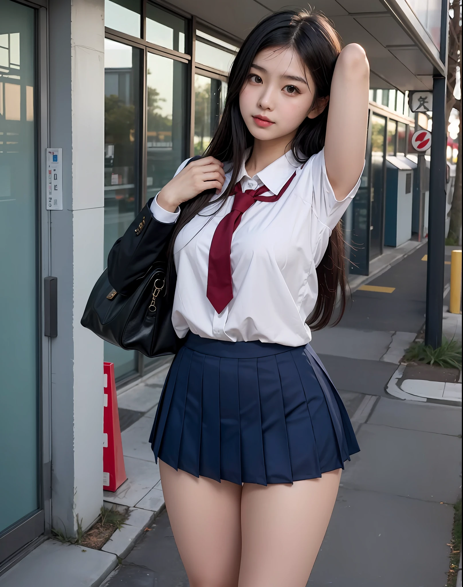 Arafed asian woman in a skirt and tie posing for a picture - SeaArt AI