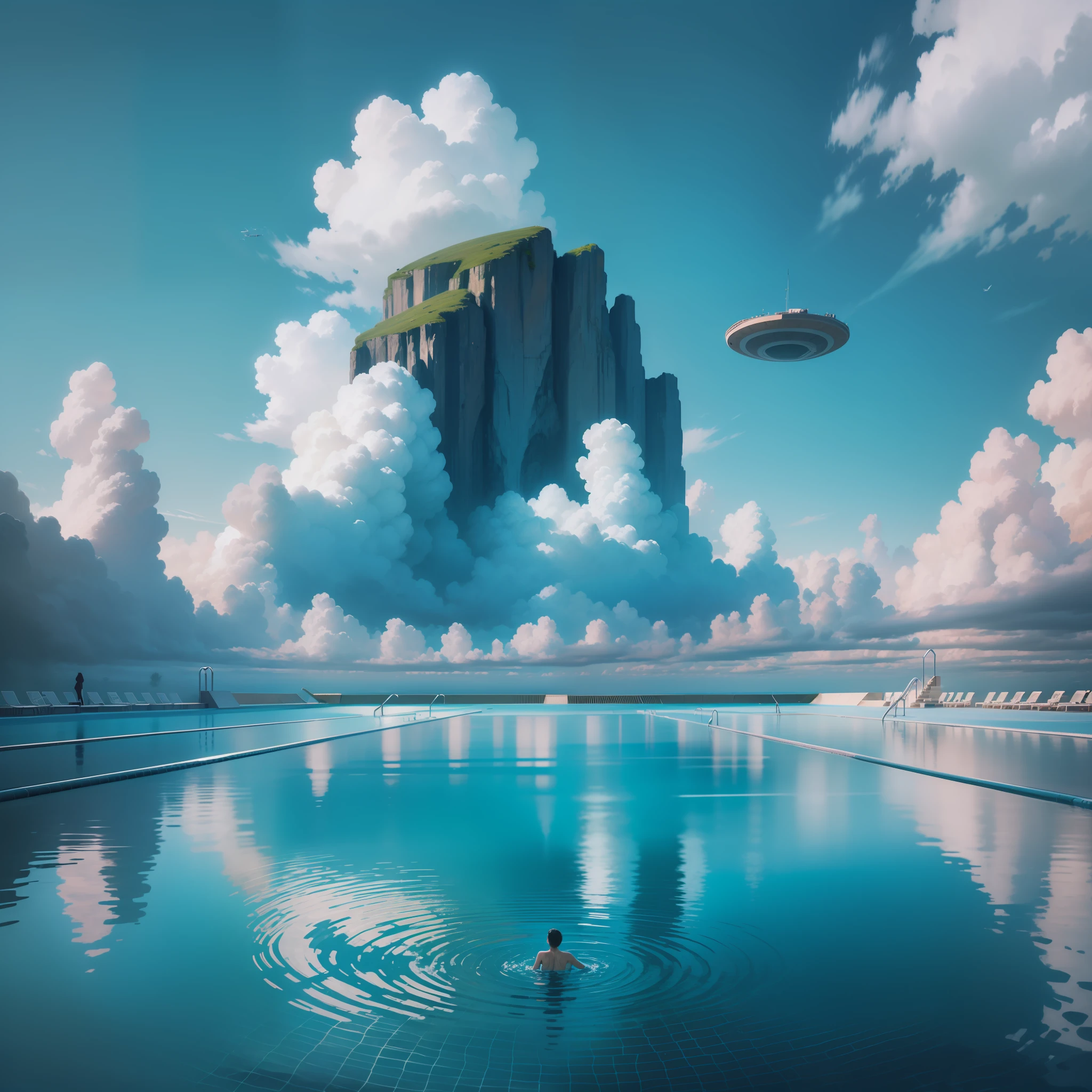 A close up of a person swimming in a pool with a floating island in the ...