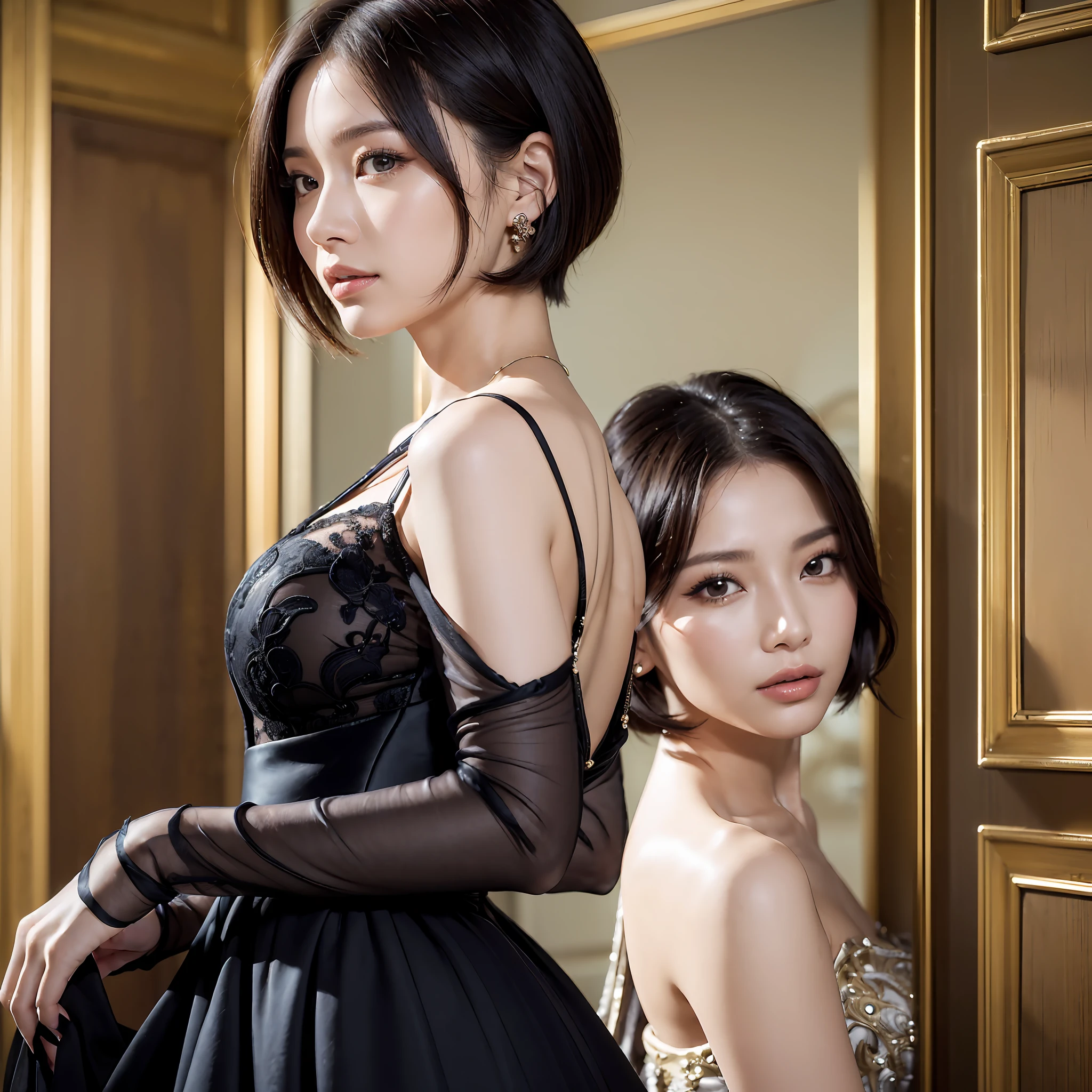 Two asian women in evening dresses posing for a picture - SeaArt AI