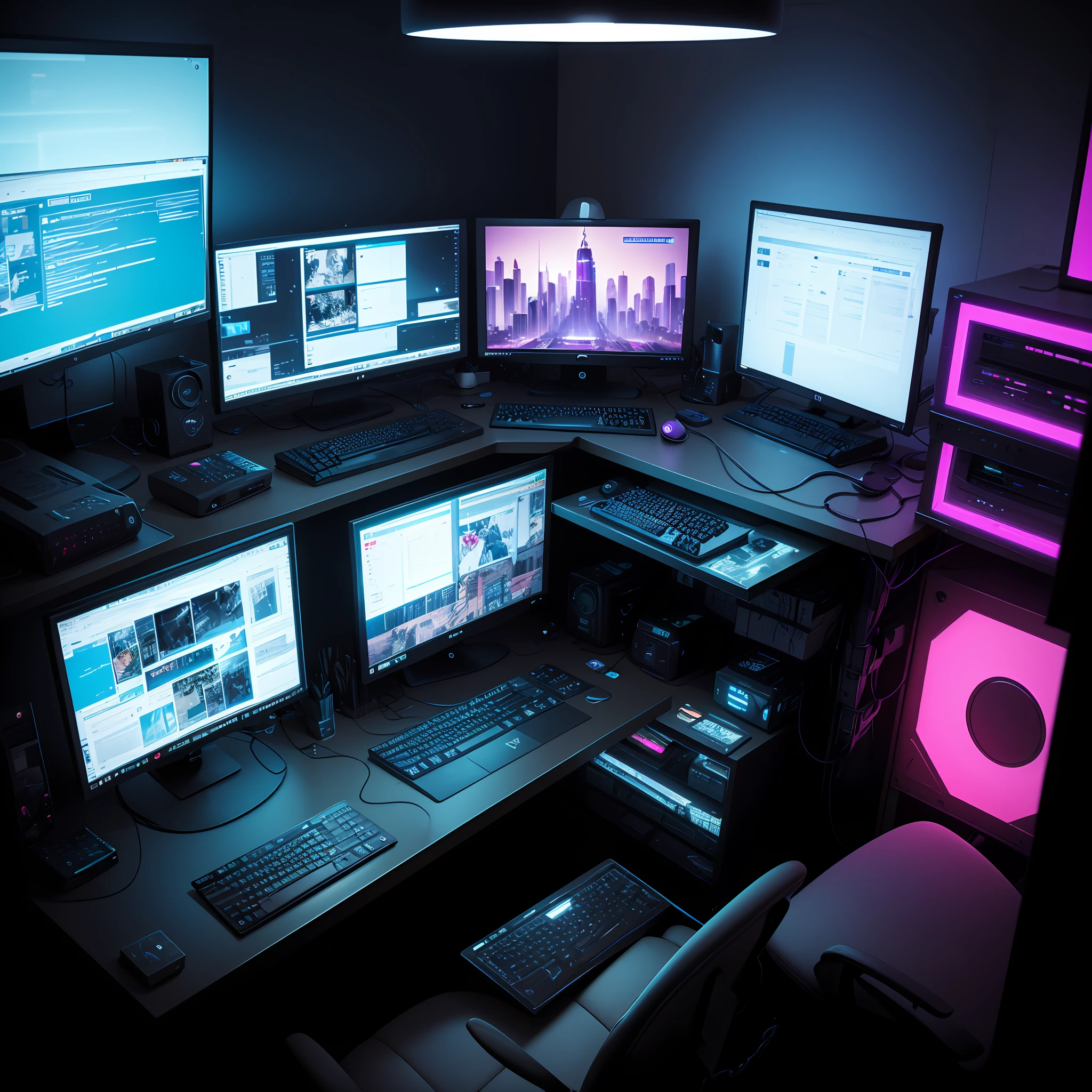 a dimly lit computer desk with multiple monitors and a keyboard ...