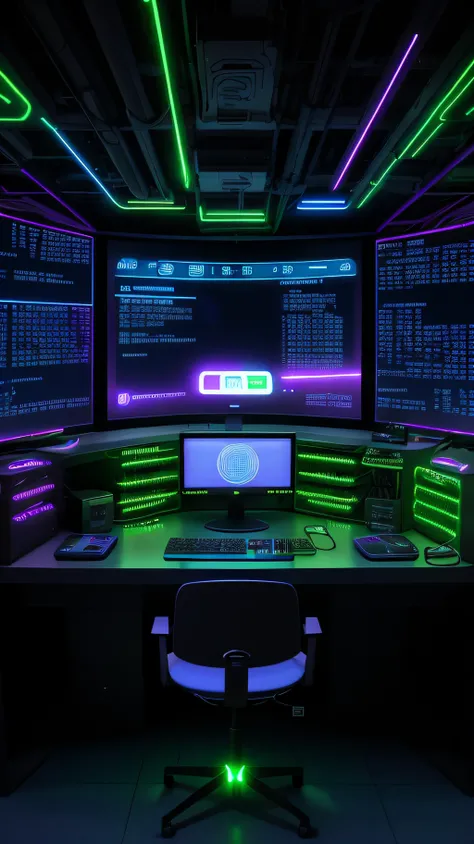 A dimly lit computer lab，There are a lot of monitors and a keyboard ...