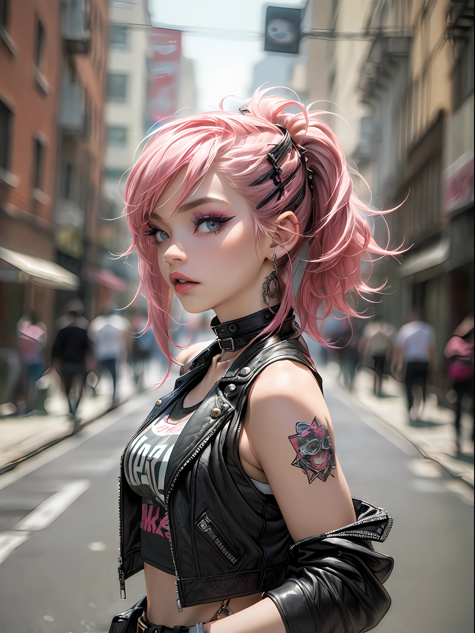 Arafed woman with pink hair and piercings standing on a city street - SeaArt AI