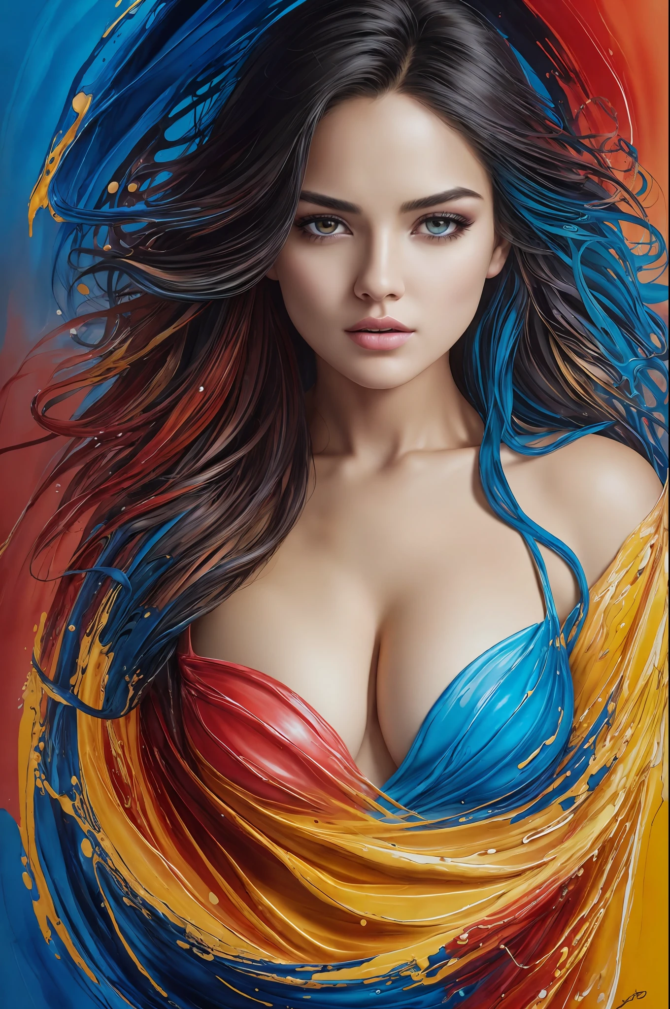 Colorful beautiful girl: a giru 28-years old, messy hair, oil painting, nice perfect face with ...