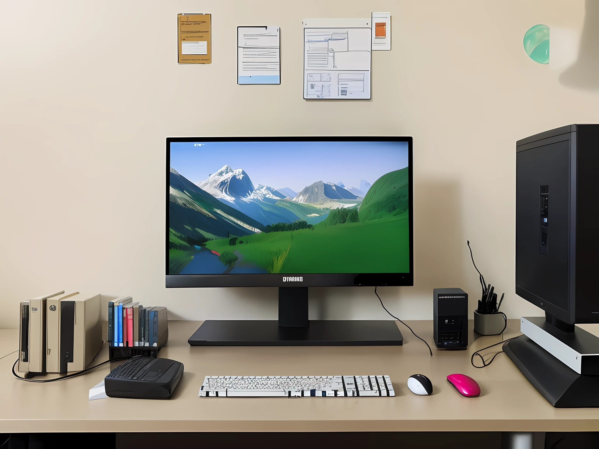 There is a computer monitor and keyboard on a desk - SeaArt AI