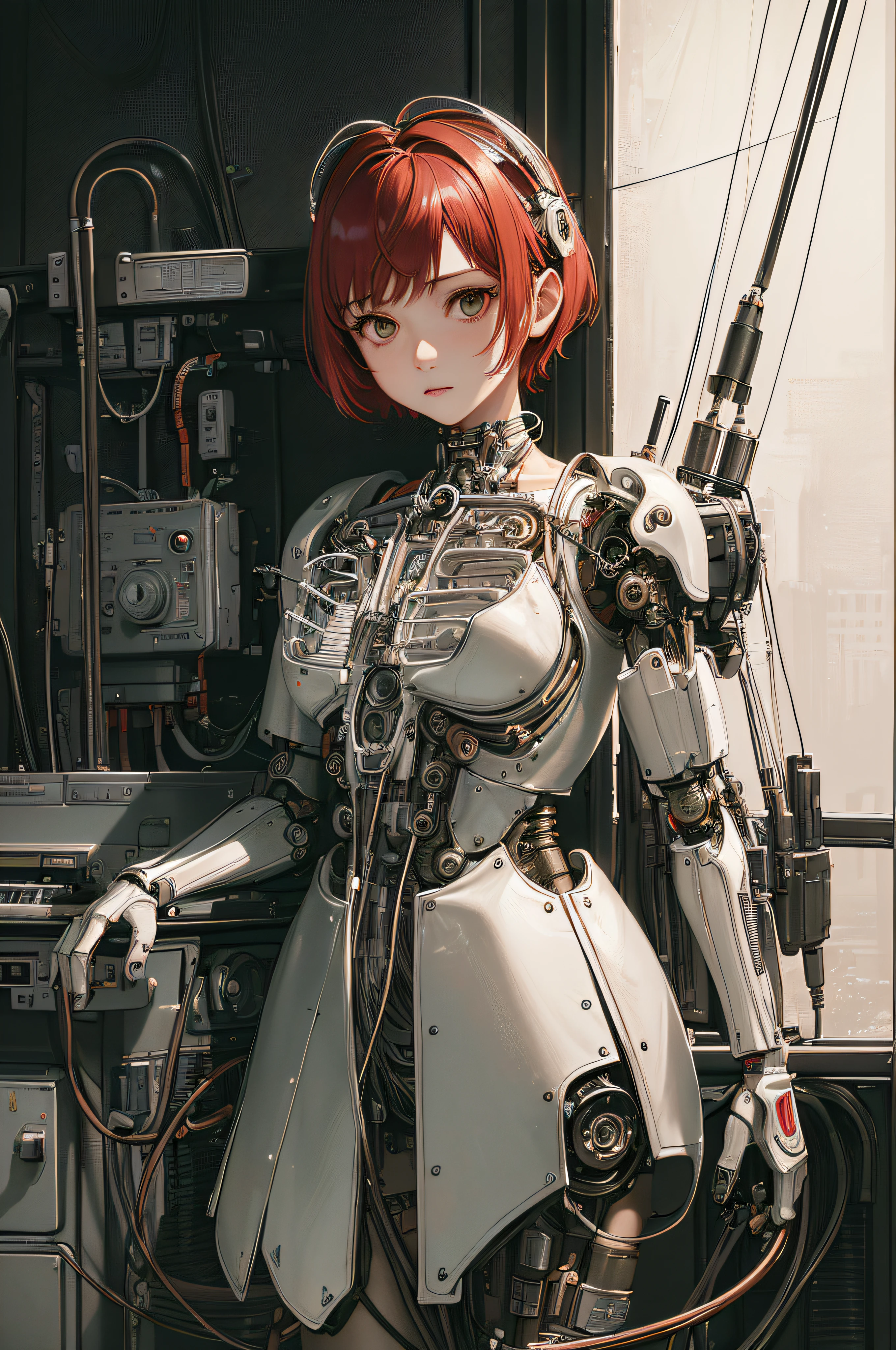 Anime girl with red hair and a robot suit standing in front of a ...