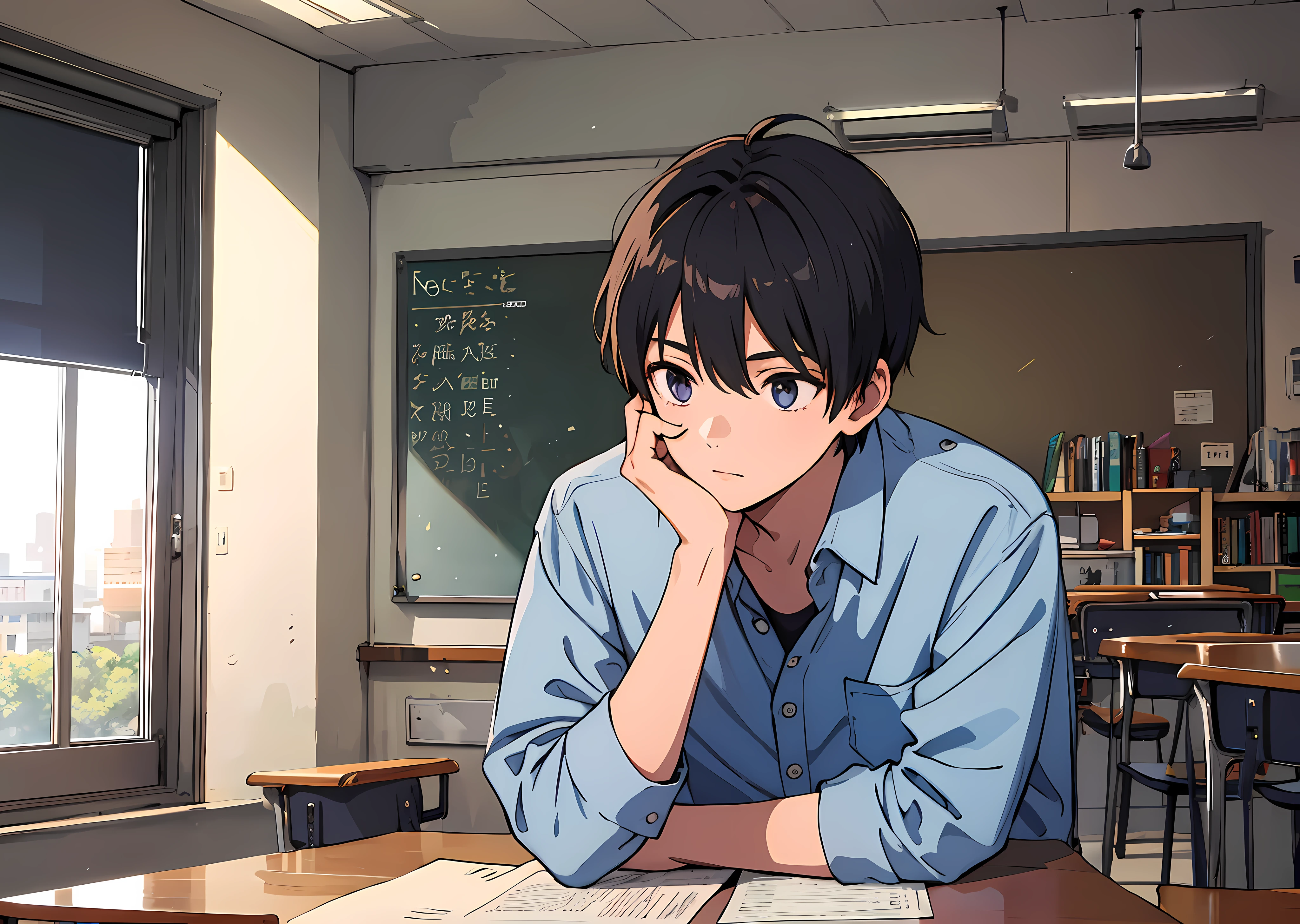 Anime image of a boy sitting at a desk with a book - SeaArt AI