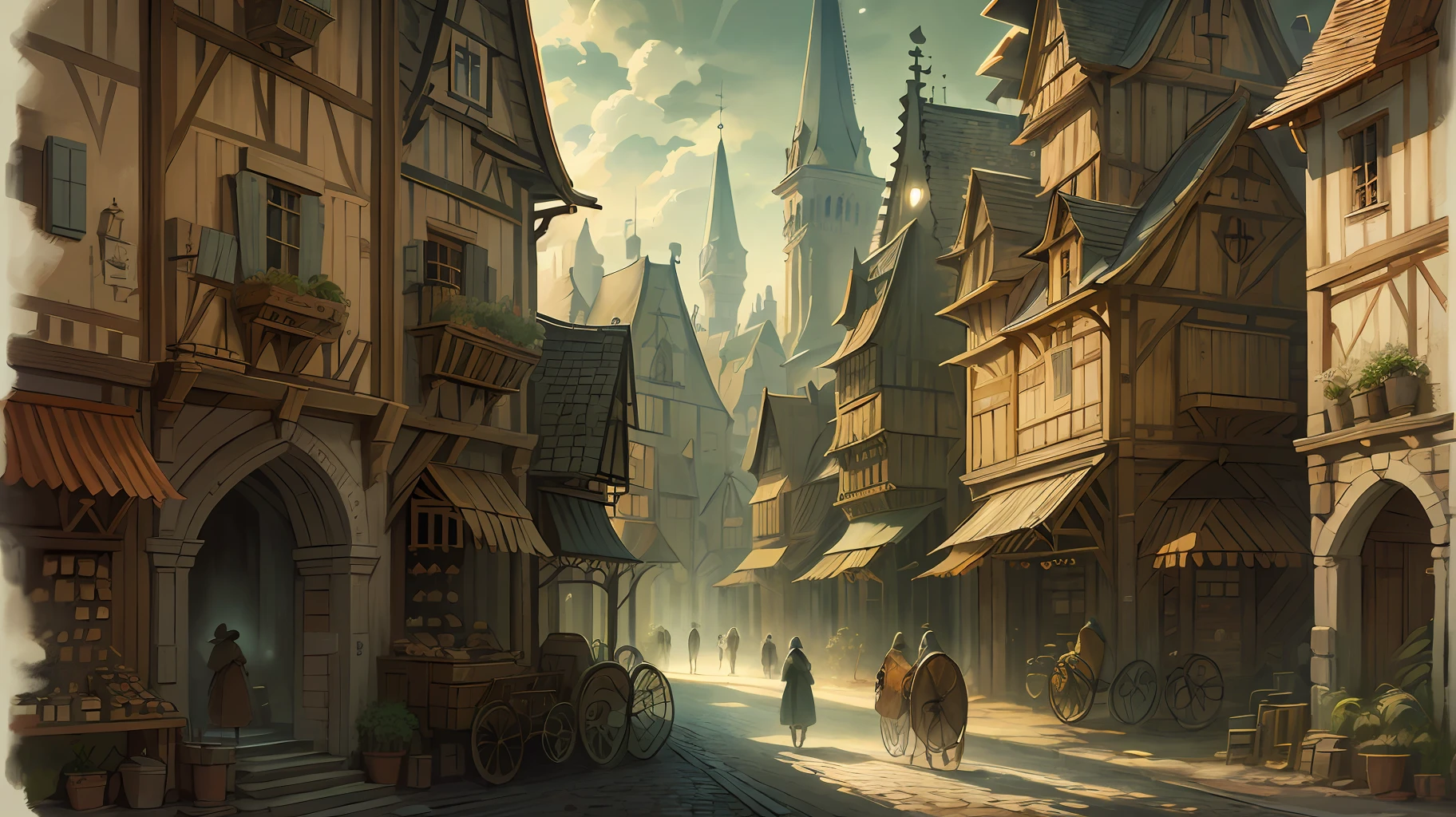 Beautiful illustration of a medieval city street, medieval folk walking ...