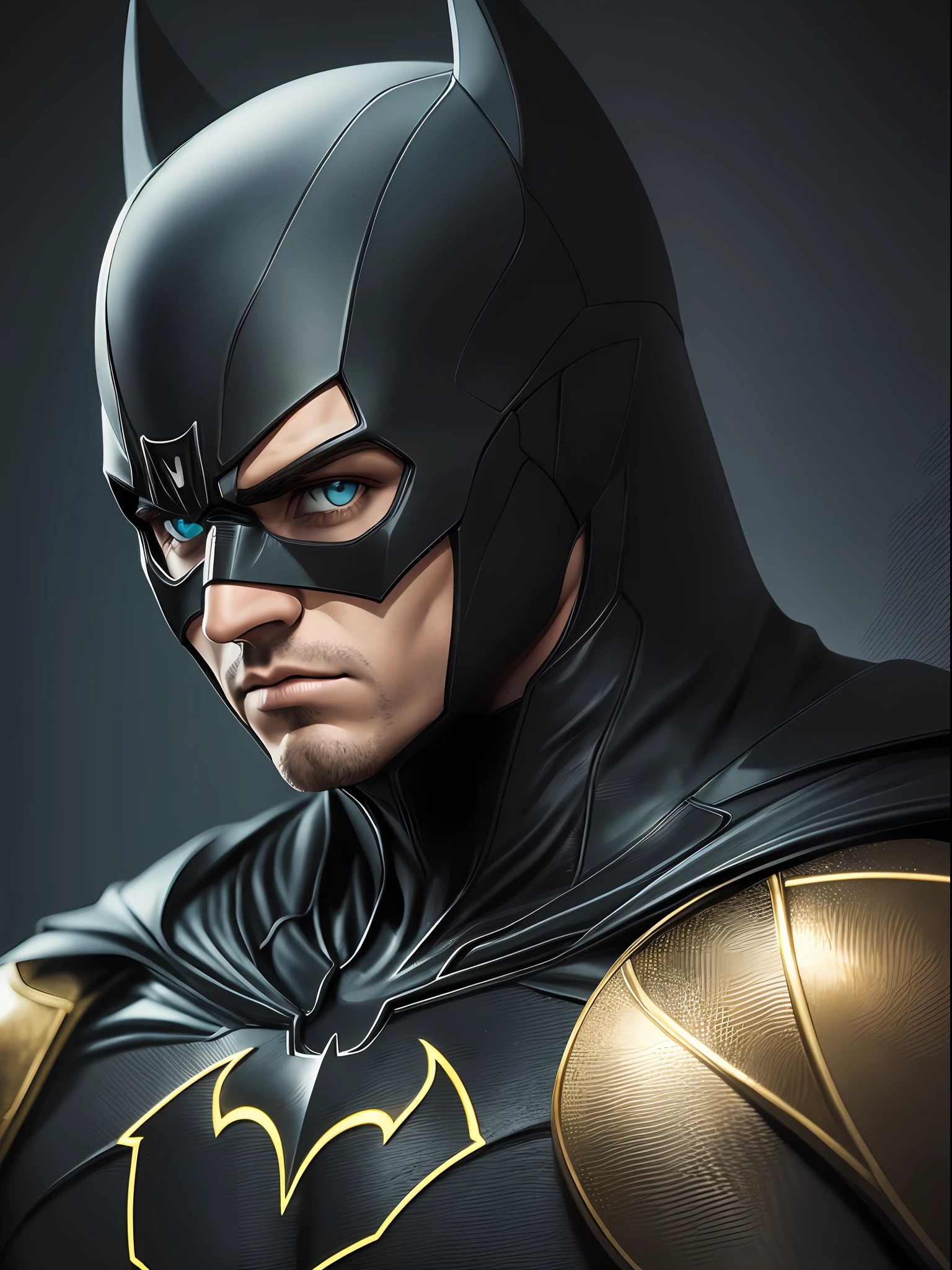 A close up of a batman statue with a black and gold costume - SeaArt AI