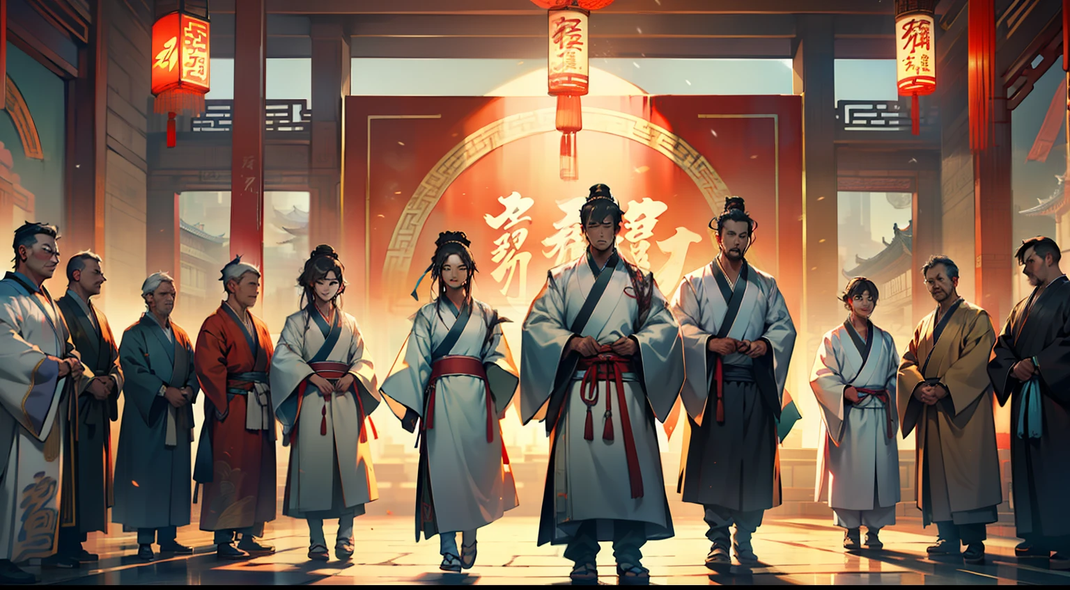 A close up of a group of people standing in front of a building - SeaArt AI