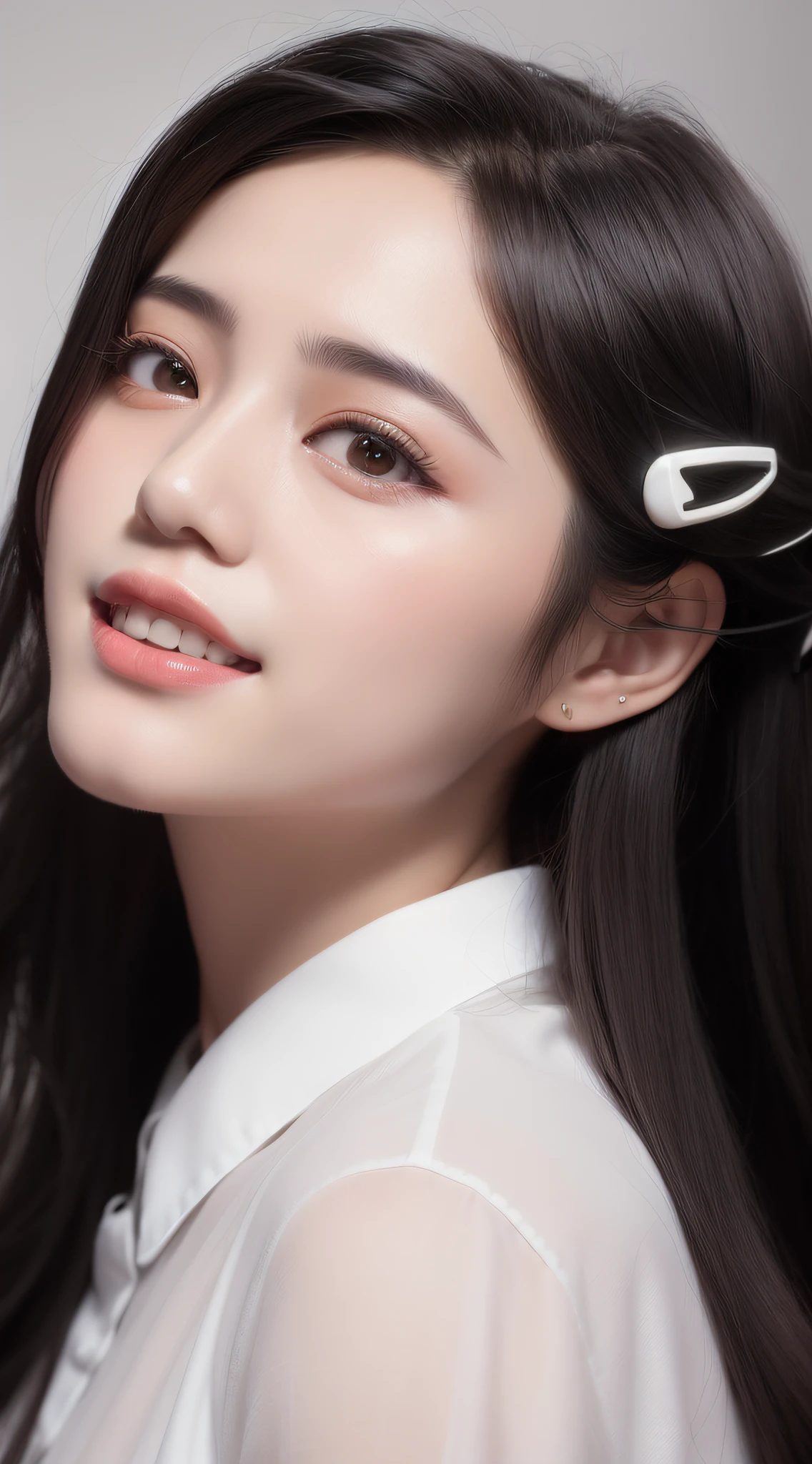 A close up of a woman with long hair wearing a white shirt - SeaArt AI