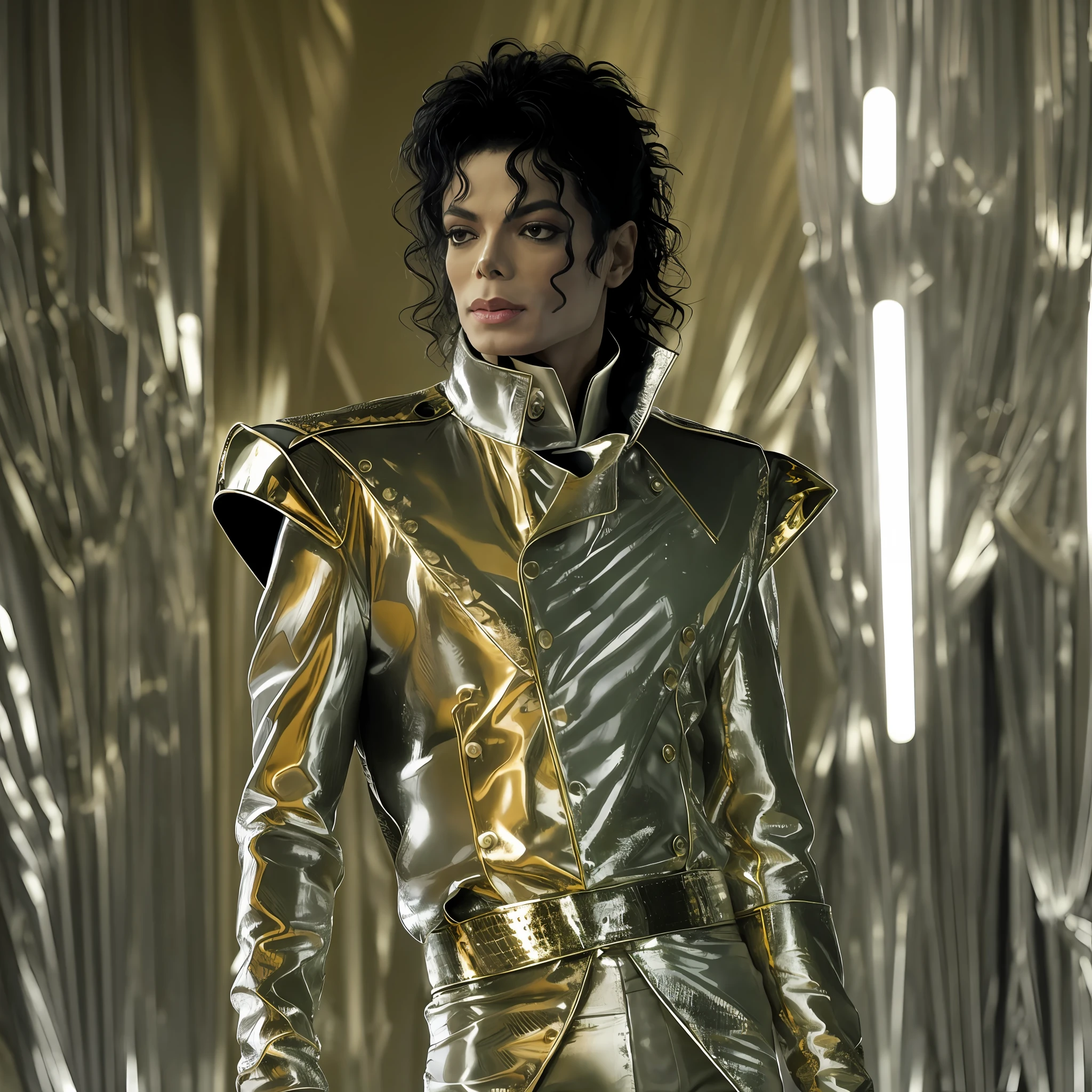 In this scene, Michael Jackson is dressed in a sleek and futuristic ...