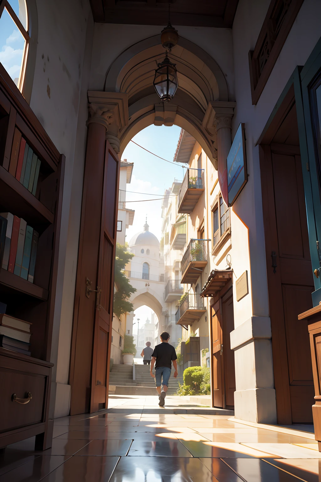 Arafed view of a person walking through a doorway in a building - SeaArt AI