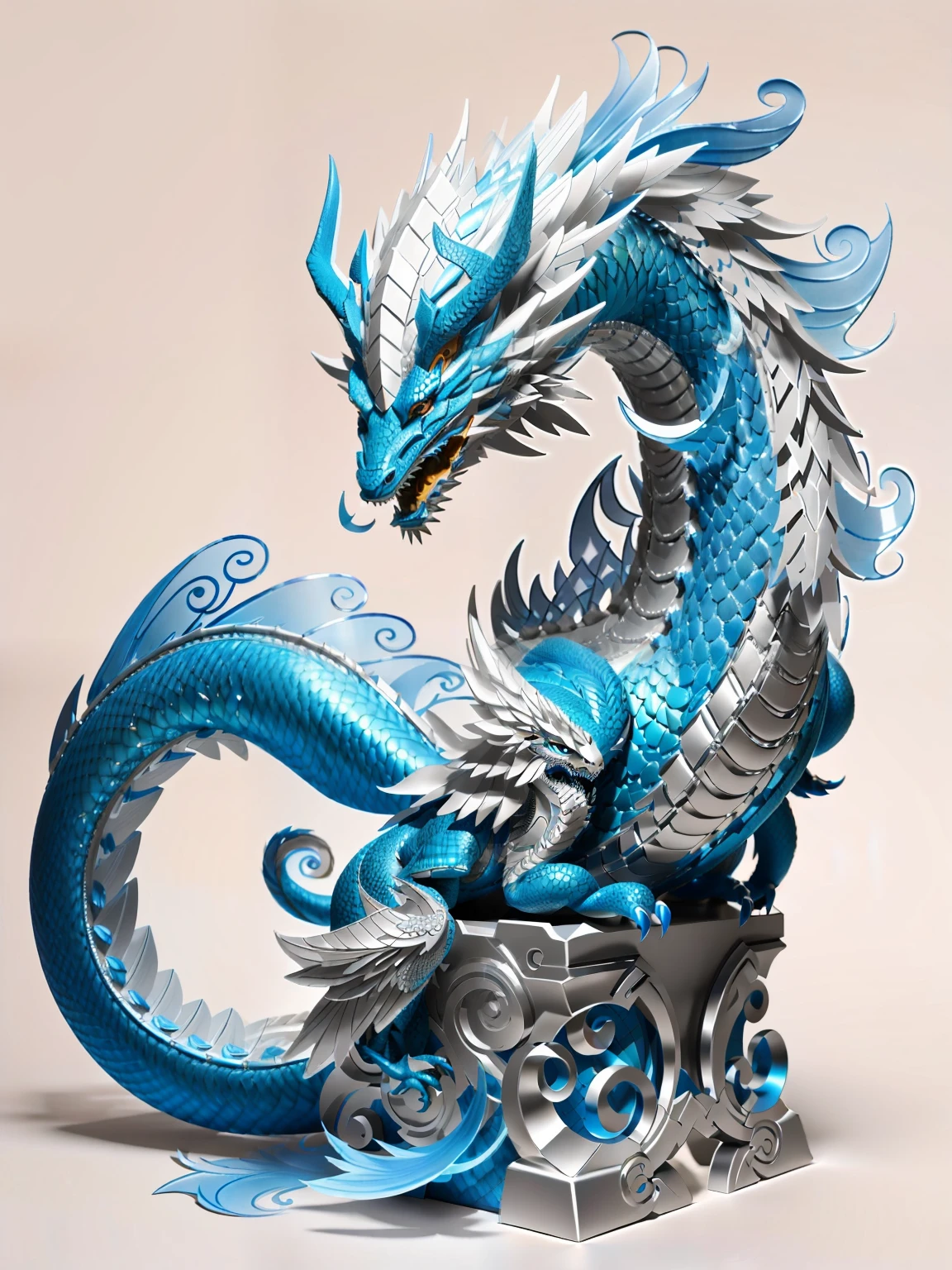 A close up of a blue and silver dragon statue on a white surface ...