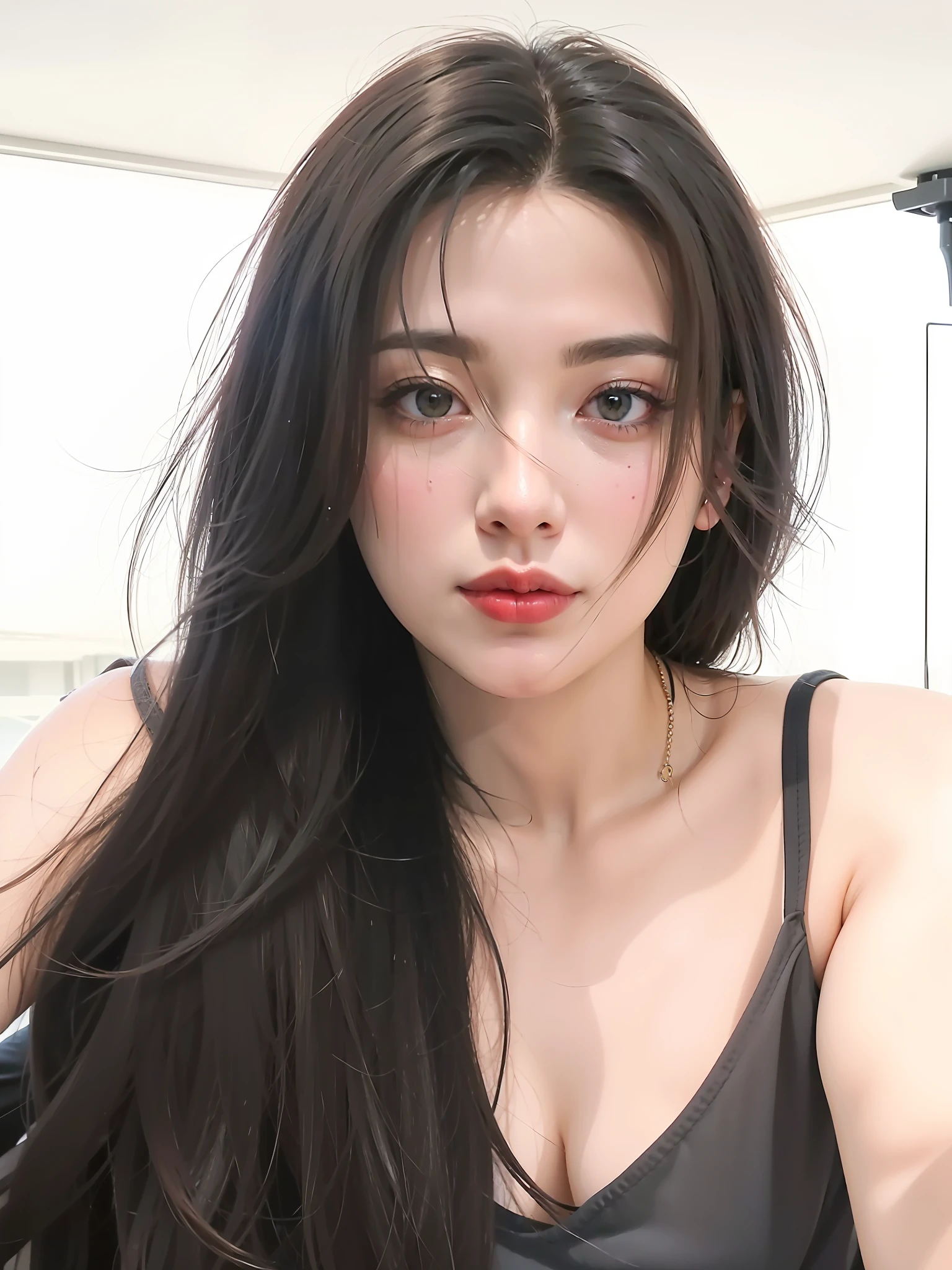 A close up of a woman with long hair wearing a black top - SeaArt AI