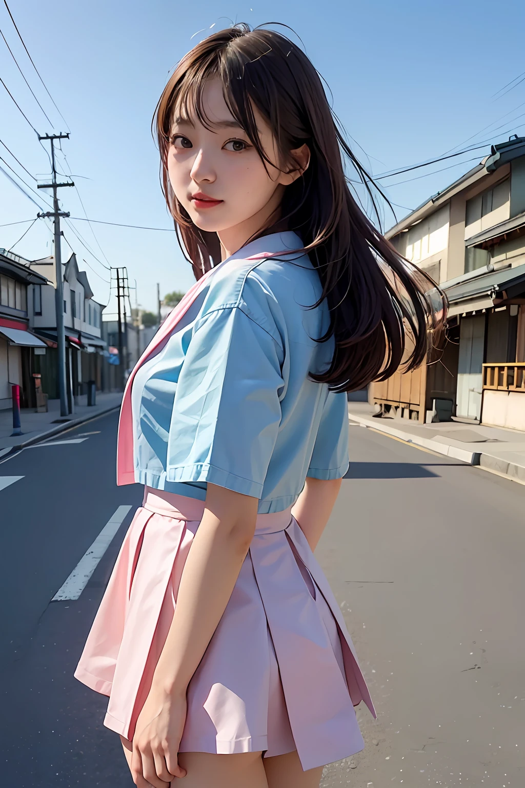 Arafed asian woman in a pink skirt and blue shirt - SeaArt AI