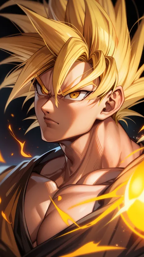 Son goku super sayajin looking at viewer, serious face. Yellow orange ...