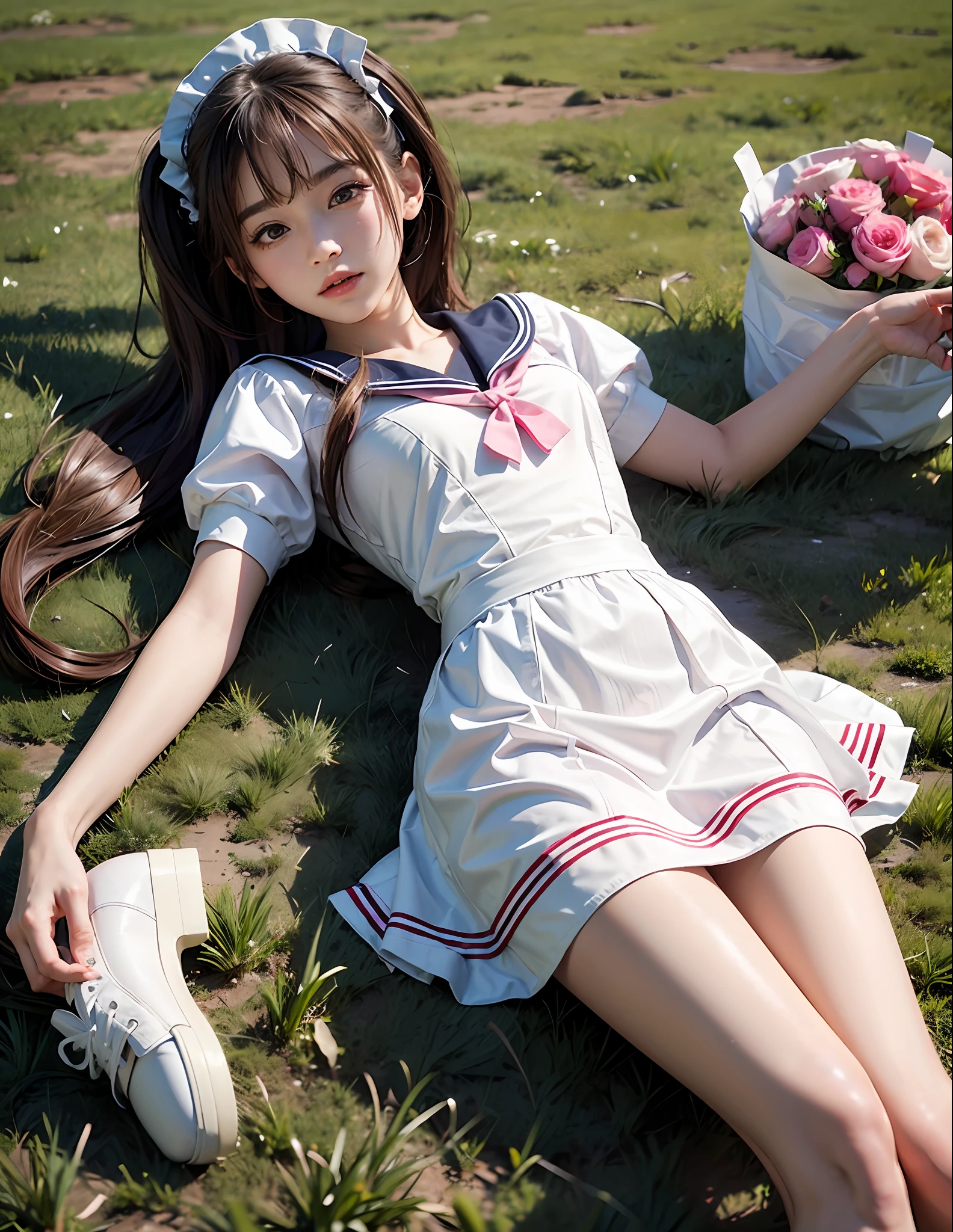 Lying On The Grass Ground1girltwintailsbrown Hair,qi Bangs,curliesmaid Seaart Ai