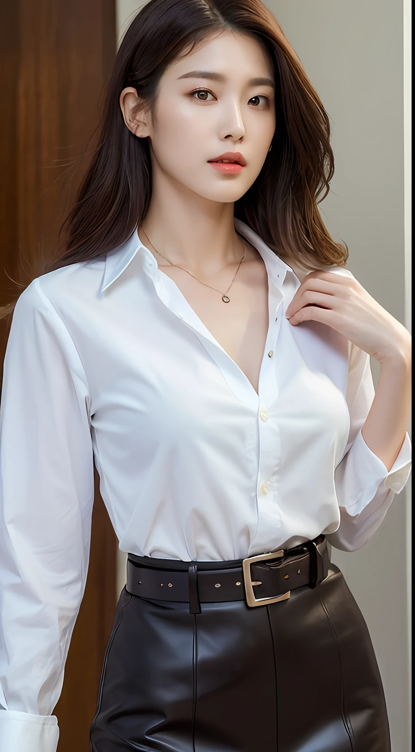 Arafed woman in a white shirt and black skirt posing for a picture - SeaArt AI