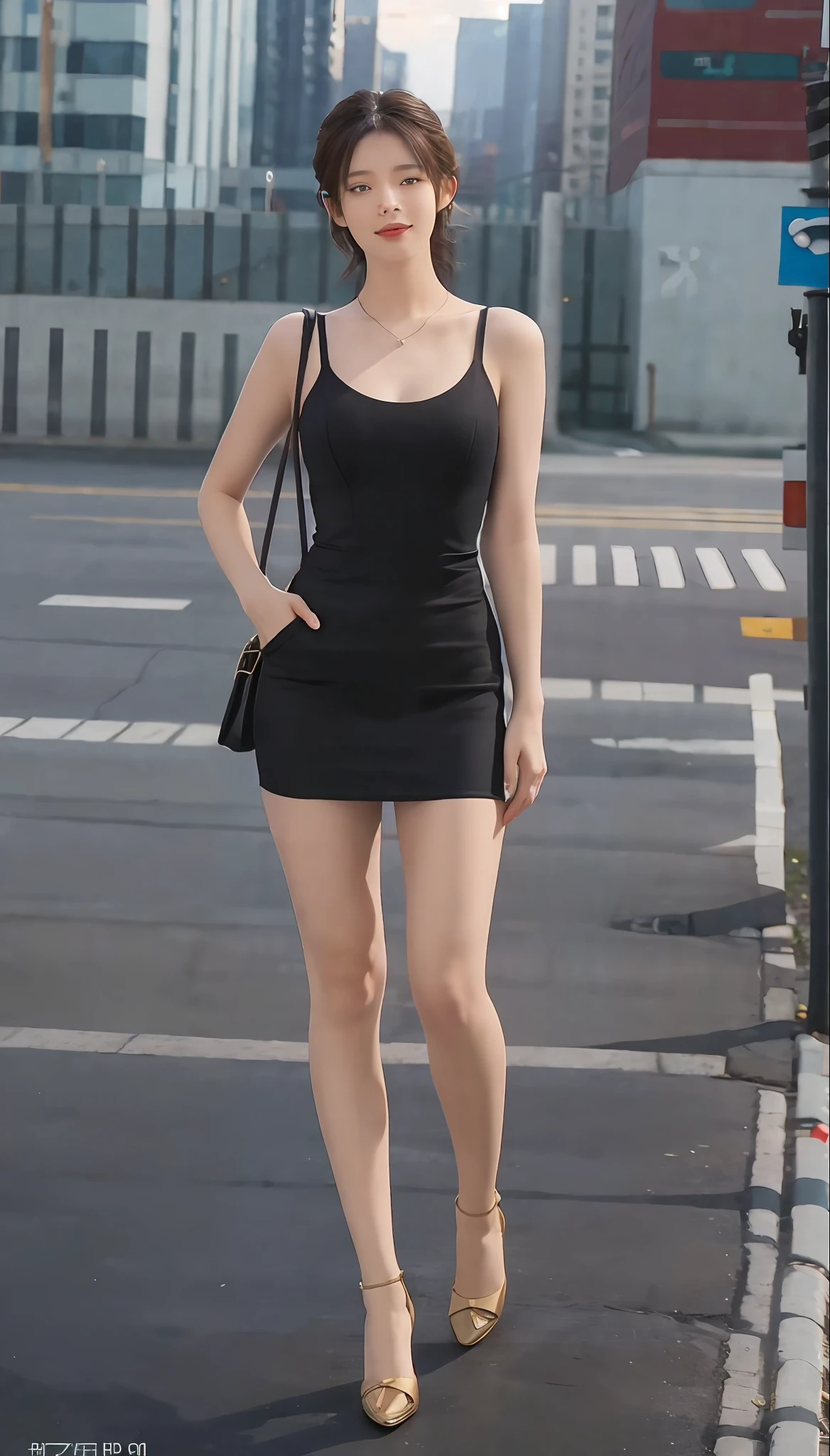 Mujer araffe con un vestido negro caminando por una calle - SeaArt AI