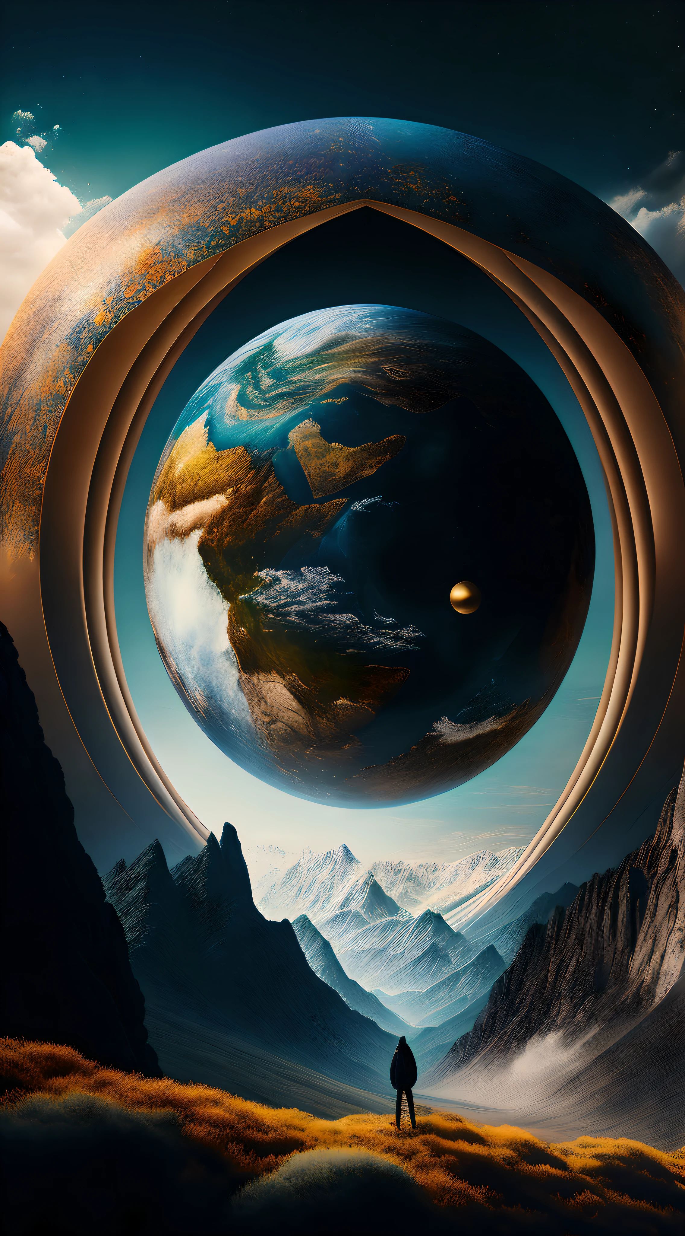 A man standing on a hill looking at a planet in the sky - SeaArt AI