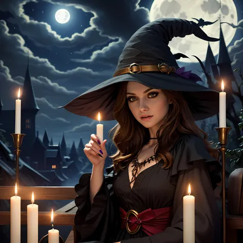 Ultra realistic, one solo Witch, brown hair, brown eyes, black dress ...
