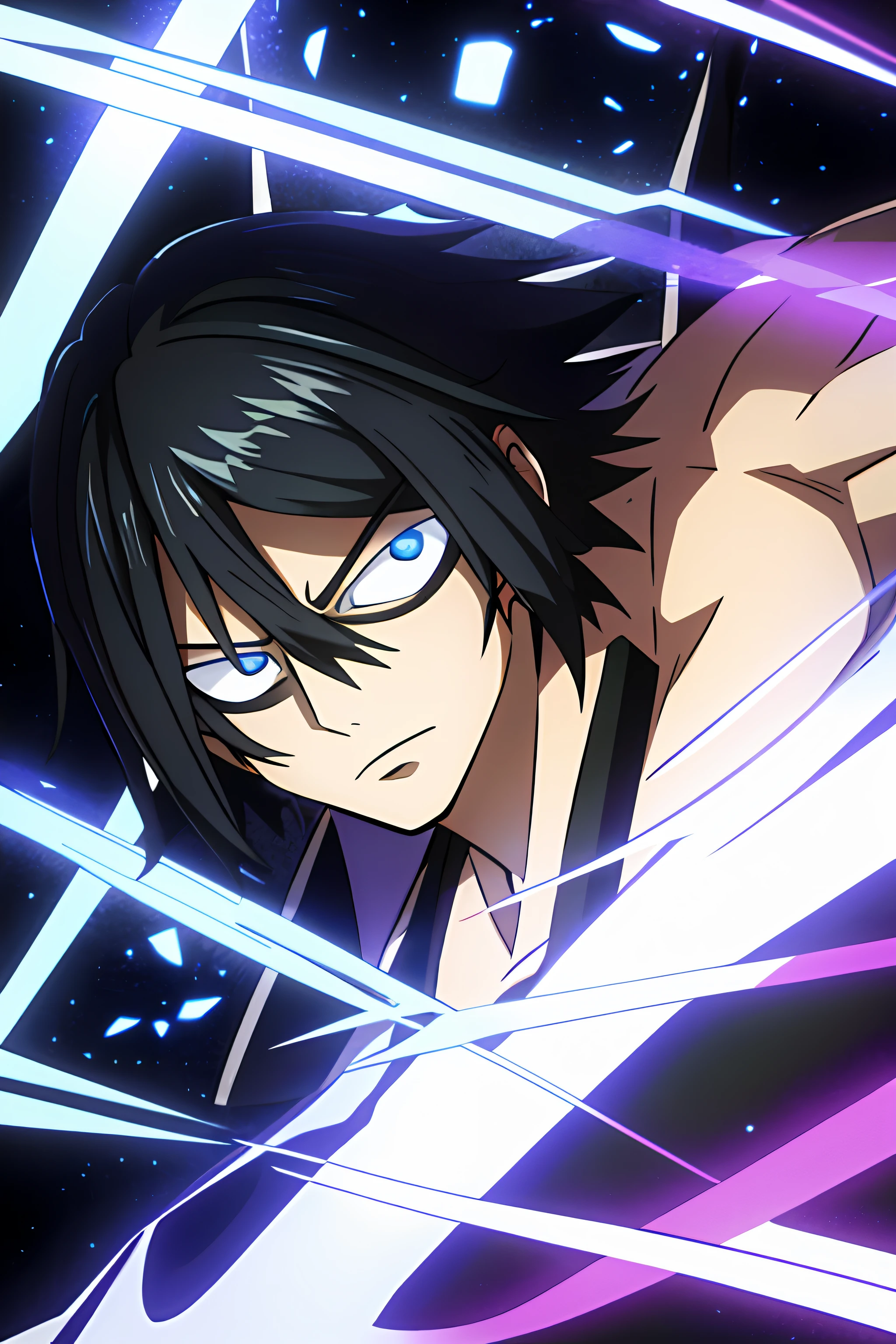 Anime character with black hair and blue eyes in a purple light - SeaArt AI