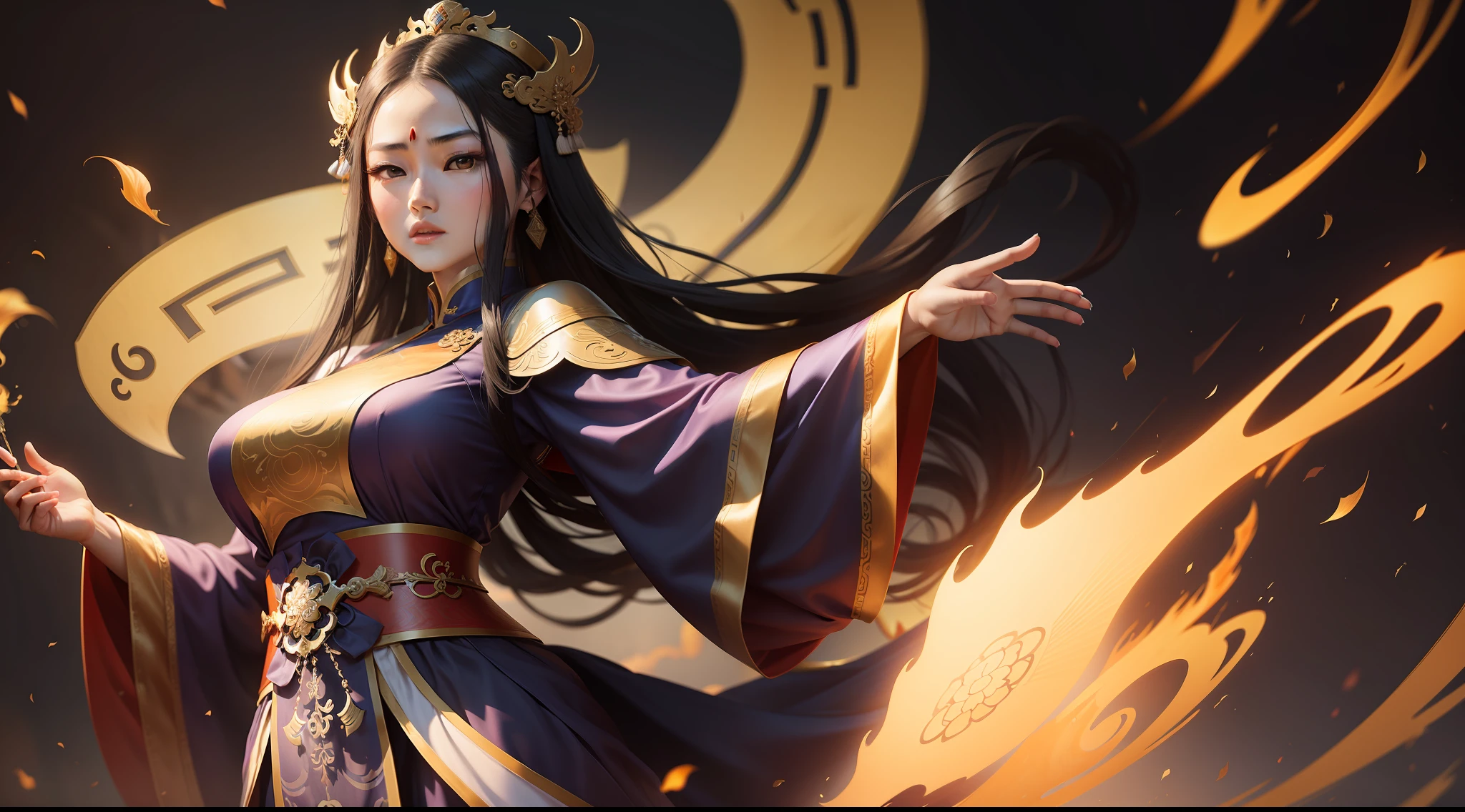 A woman in a purple and gold dress holding a sword - SeaArt AI