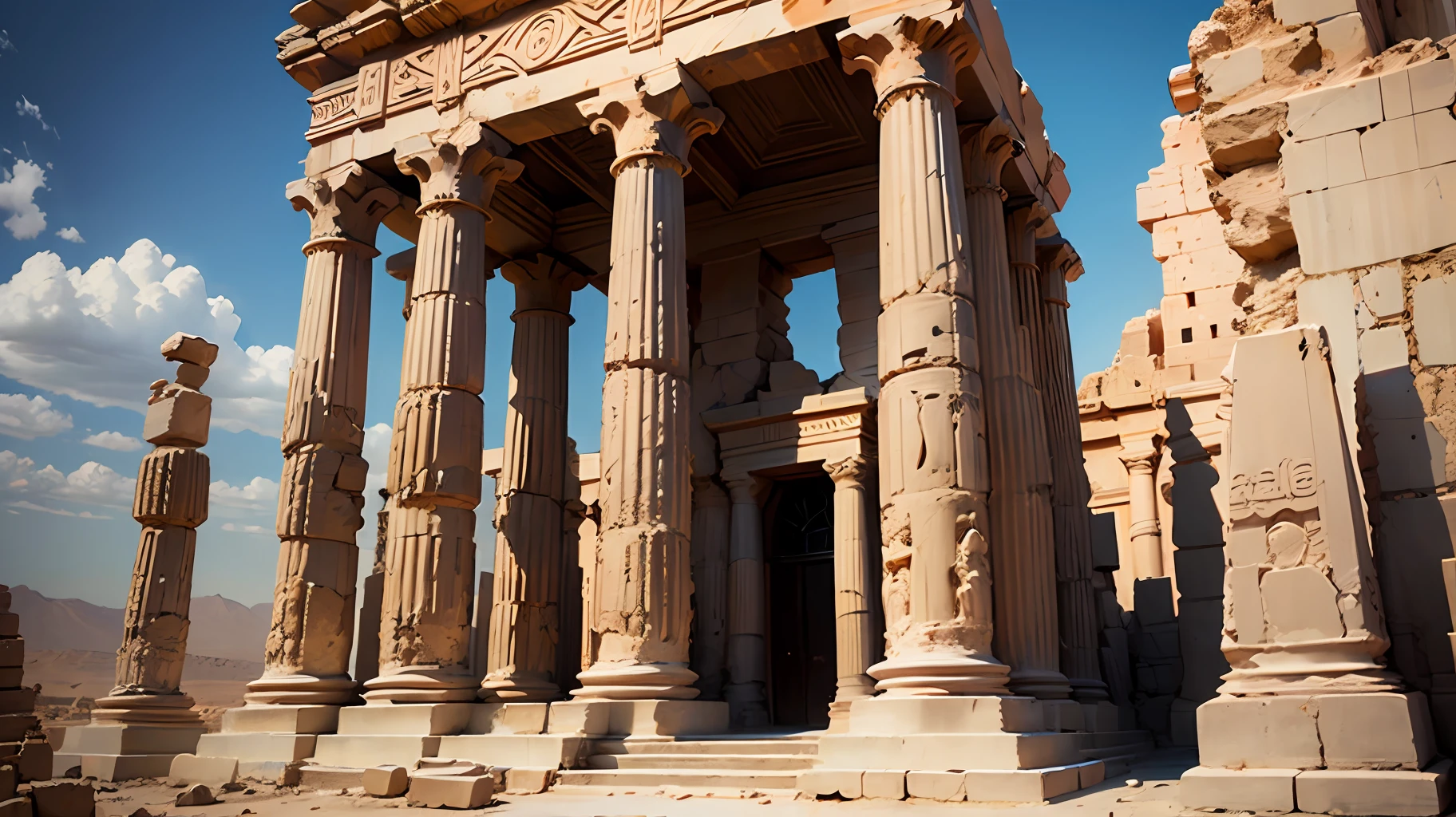 Arafed view of a large building with columns and a sky background - SeaArt AI