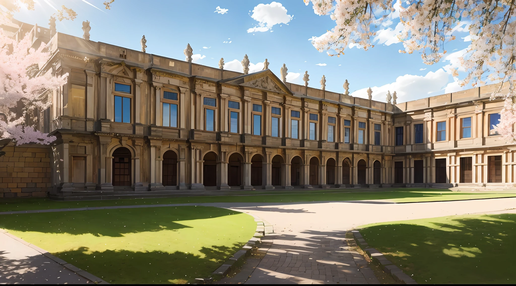 Arafed view of a large building with a lawn and a tree - SeaArt AI