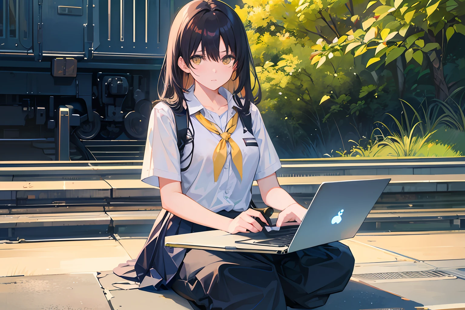 Anime girl sitting on steps with laptop computer in hand - SeaArt AI