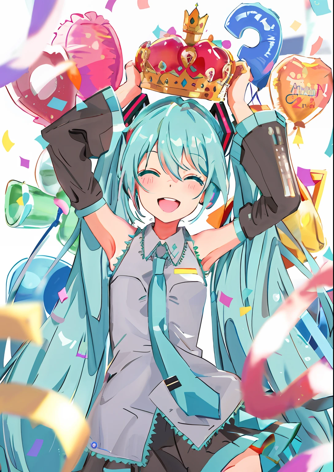 a close up of a person holding a crown and balloons, happy!!!, mikudayo, hatsune miku, pixiv ...