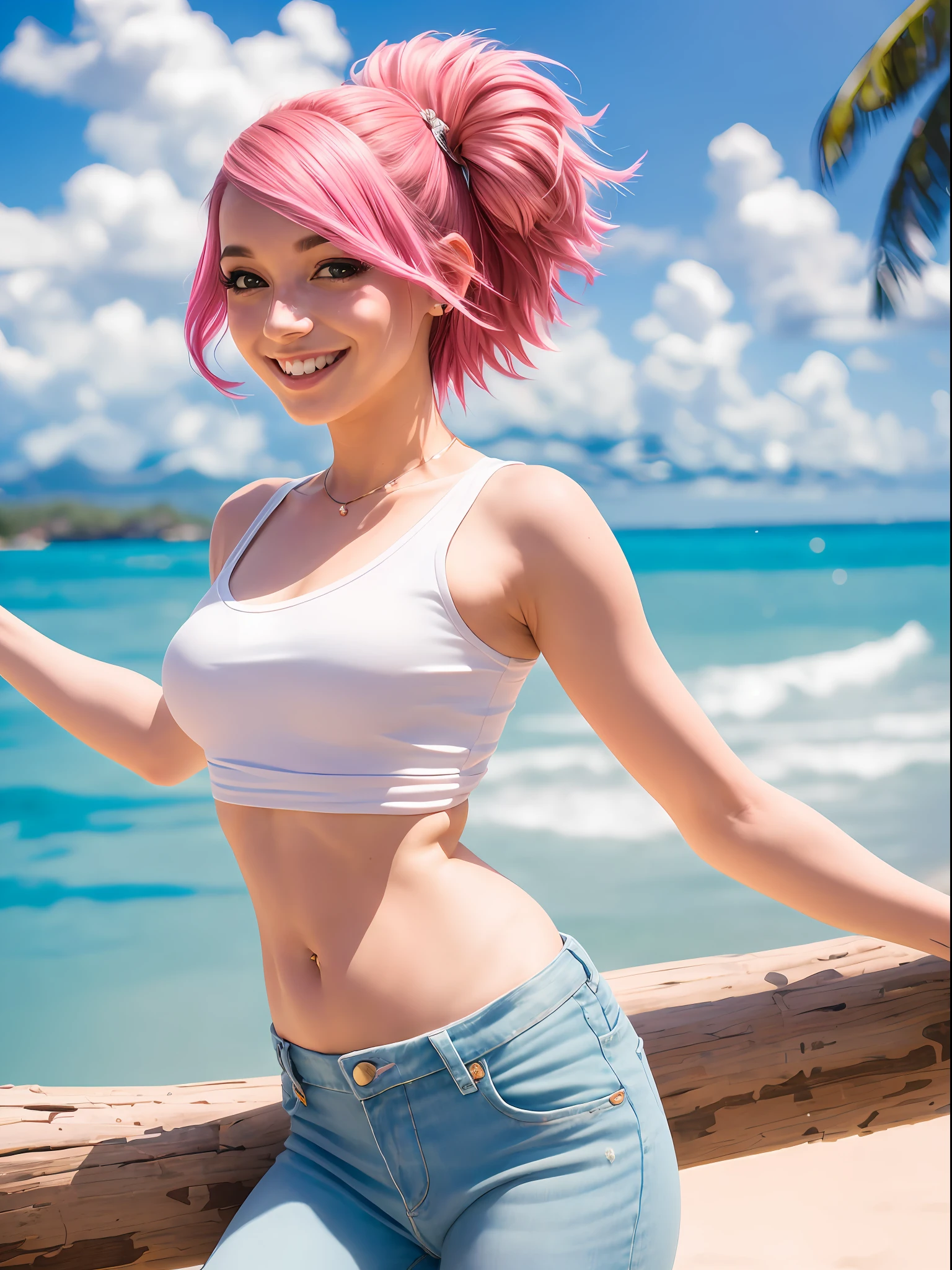 Arafed woman with pink hair posing on a beach with a wooden fence - SeaArt AI