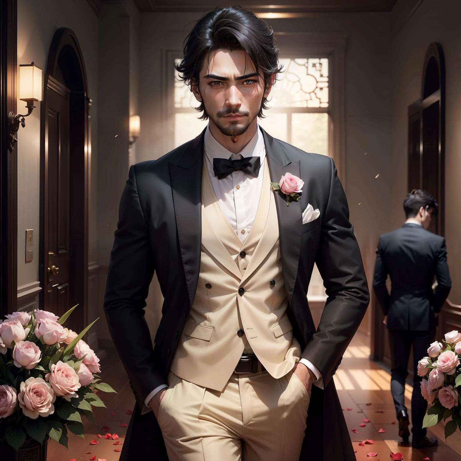 Arafed man in a tuxedo and bow tie standing in a hallway - SeaArt AI