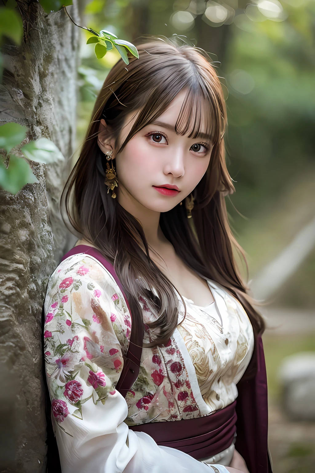 Arafed asian woman in a dress leaning against a stone wall - SeaArt AI